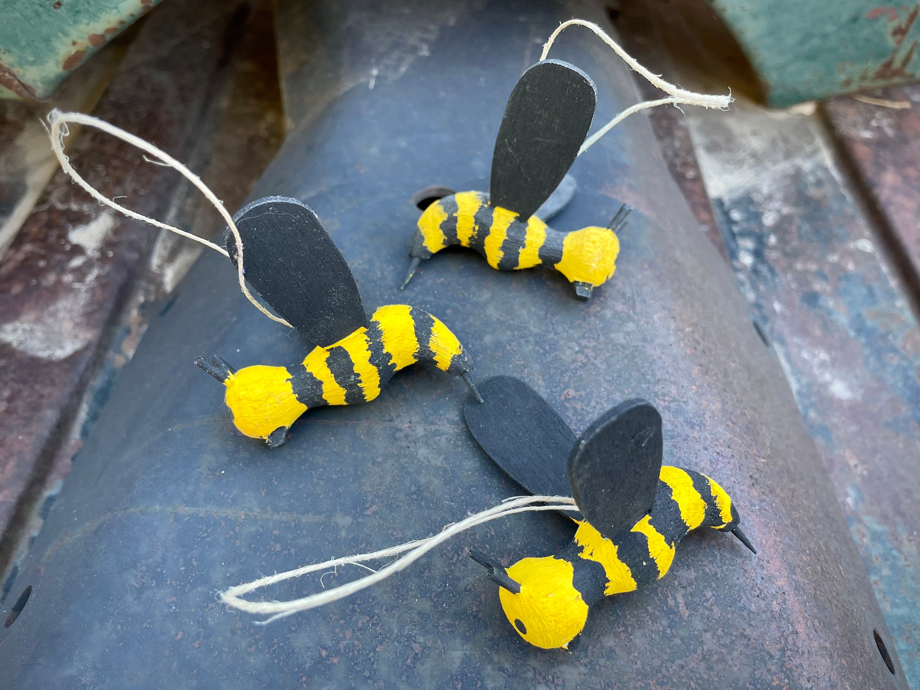 Three Navajo Bee Ornaments Painted Wood, Folk Art Insect Theme, Native ...