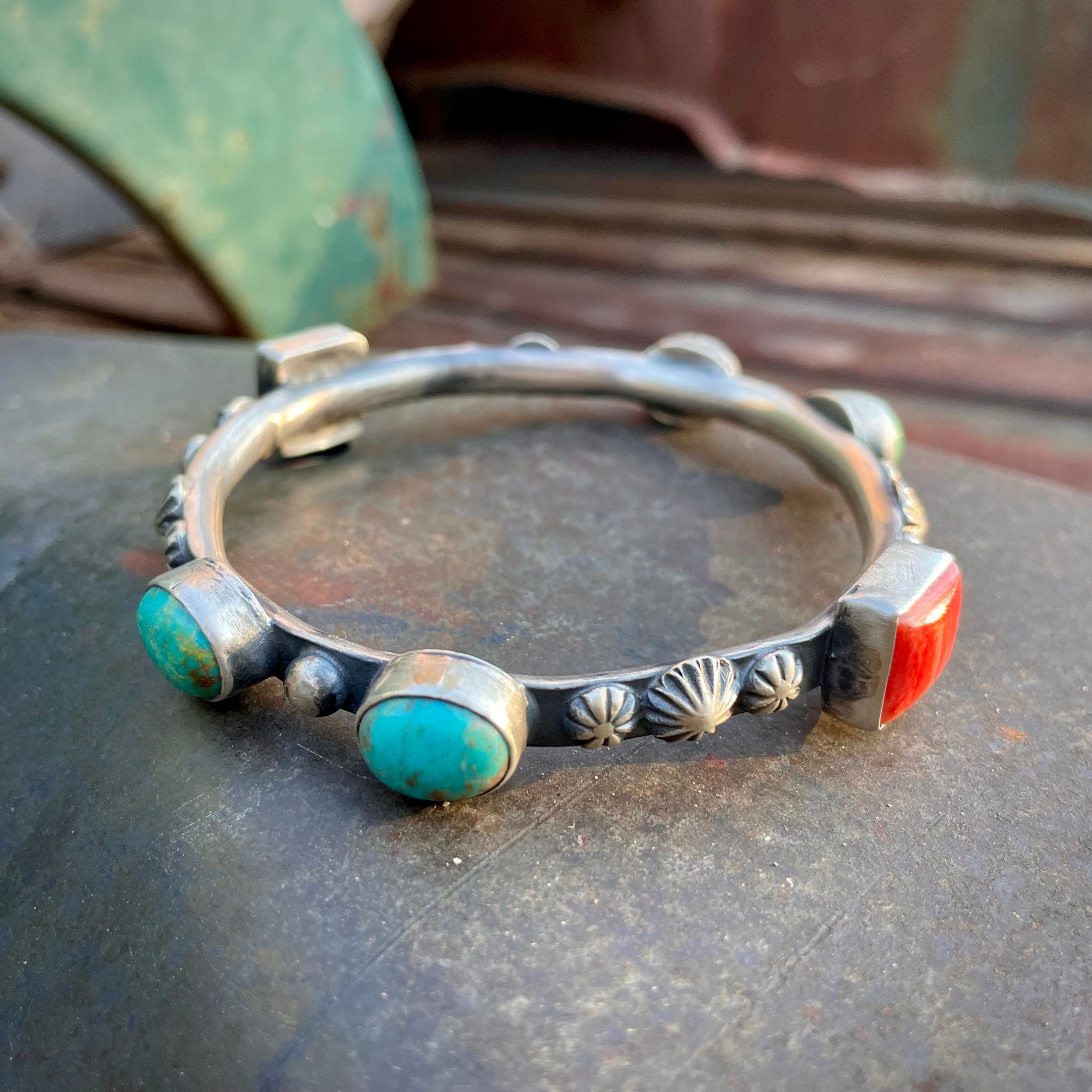 Navajo Chimney Butte Sterling Silver Turquoise Spiny Oyster Bangle ...