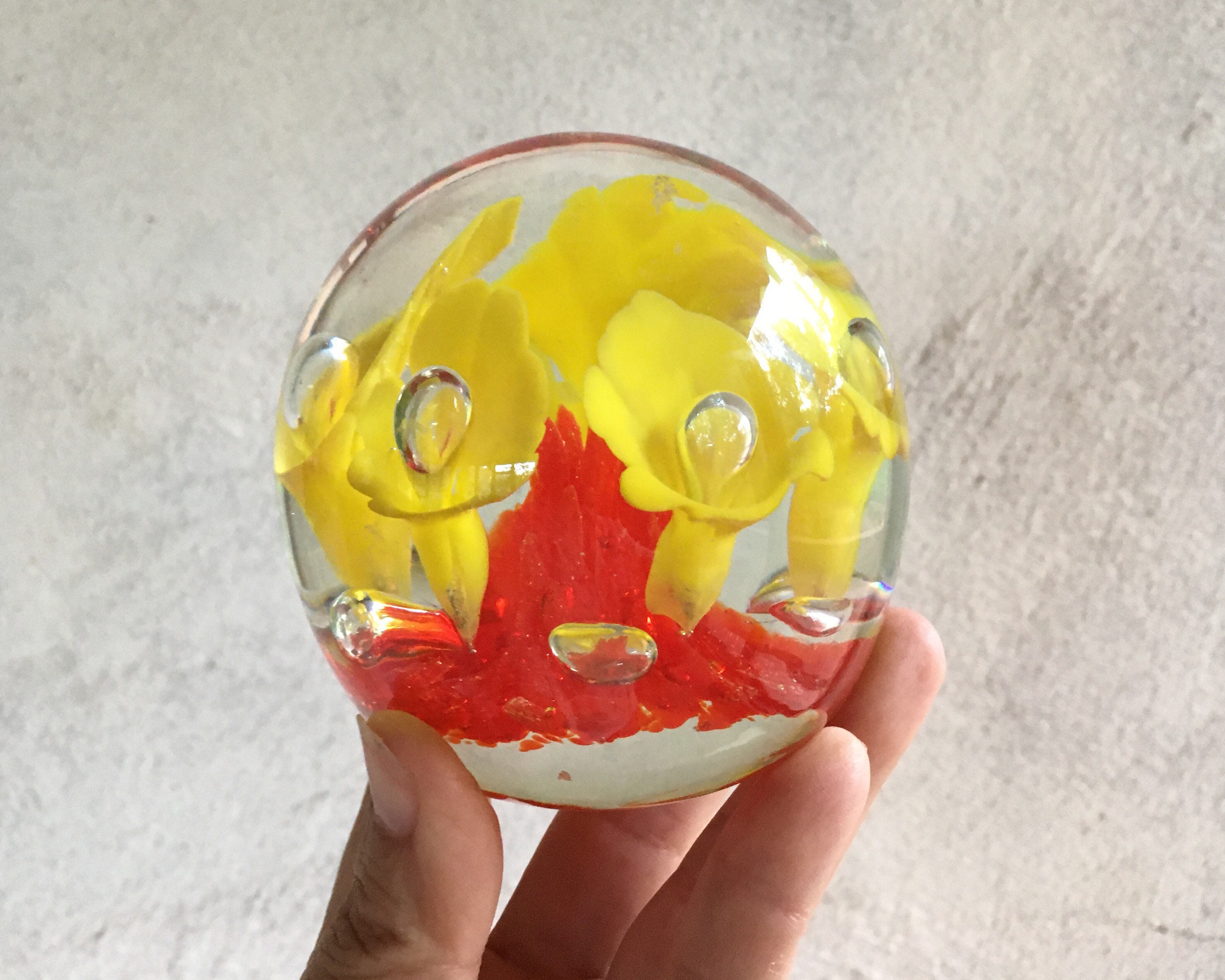 Vintage St. Clair Art Glass Paperweight Yellow Flower Orange Background ...
