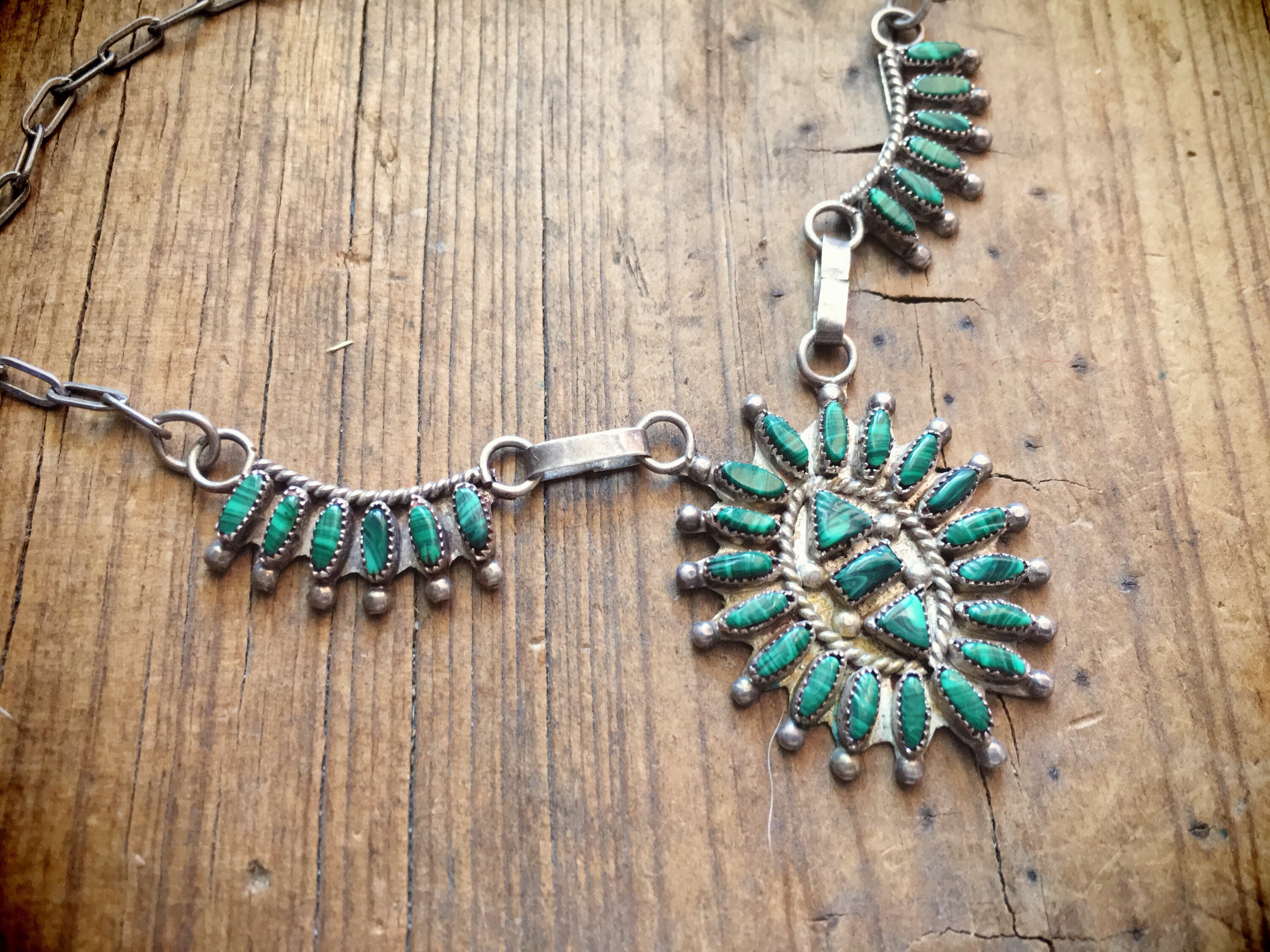 Vintage silver and malachite Zuni petit point necklace with handmade ...