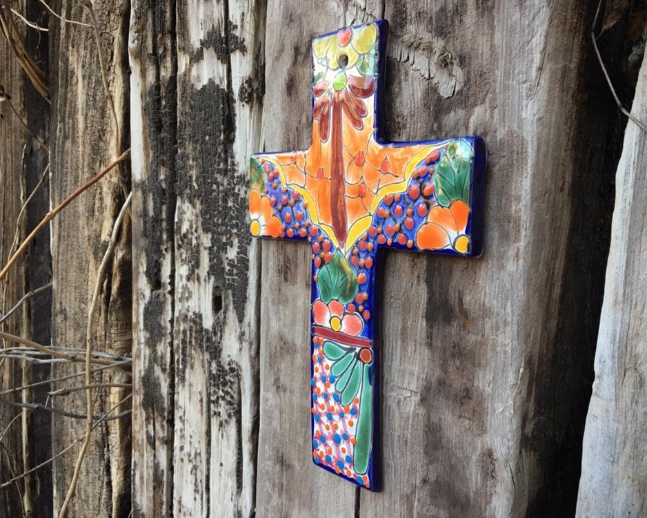 Vintage 8 x 11.5 Talavera Ceramic Cross Wall Hanging, Mexican Pottery ...