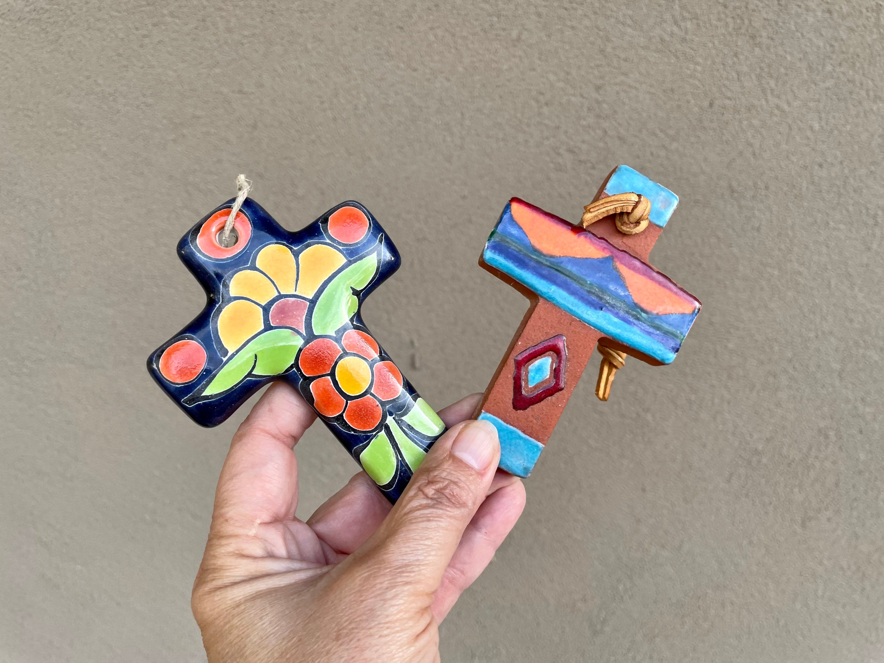Two Vintage Small Ceramic Crosses from Mexico Wall Hangings, Folk Art ...