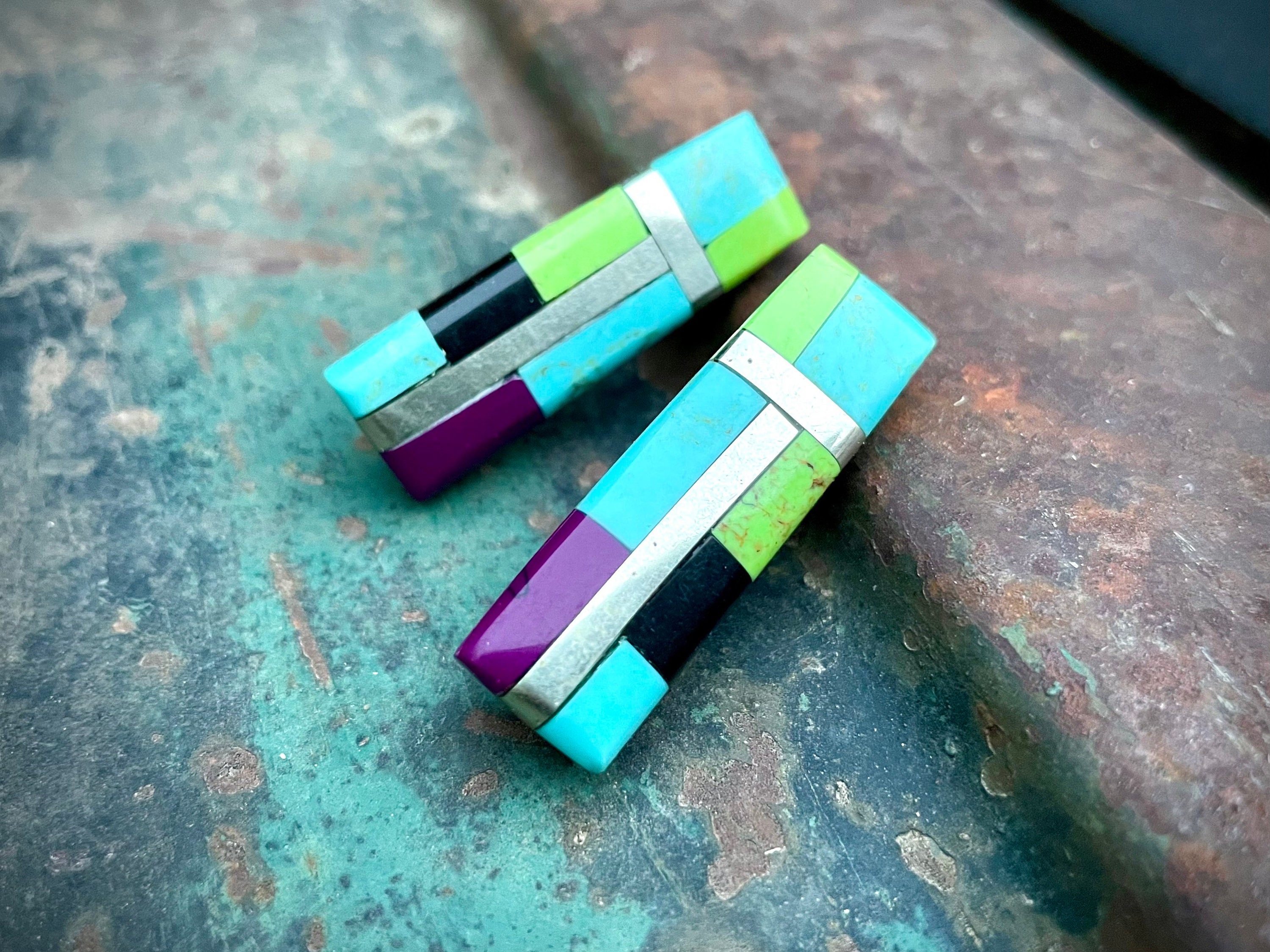 Turquoise Multi Stone Mosaic Inlay Clip On Earrings, Vintage Native ...