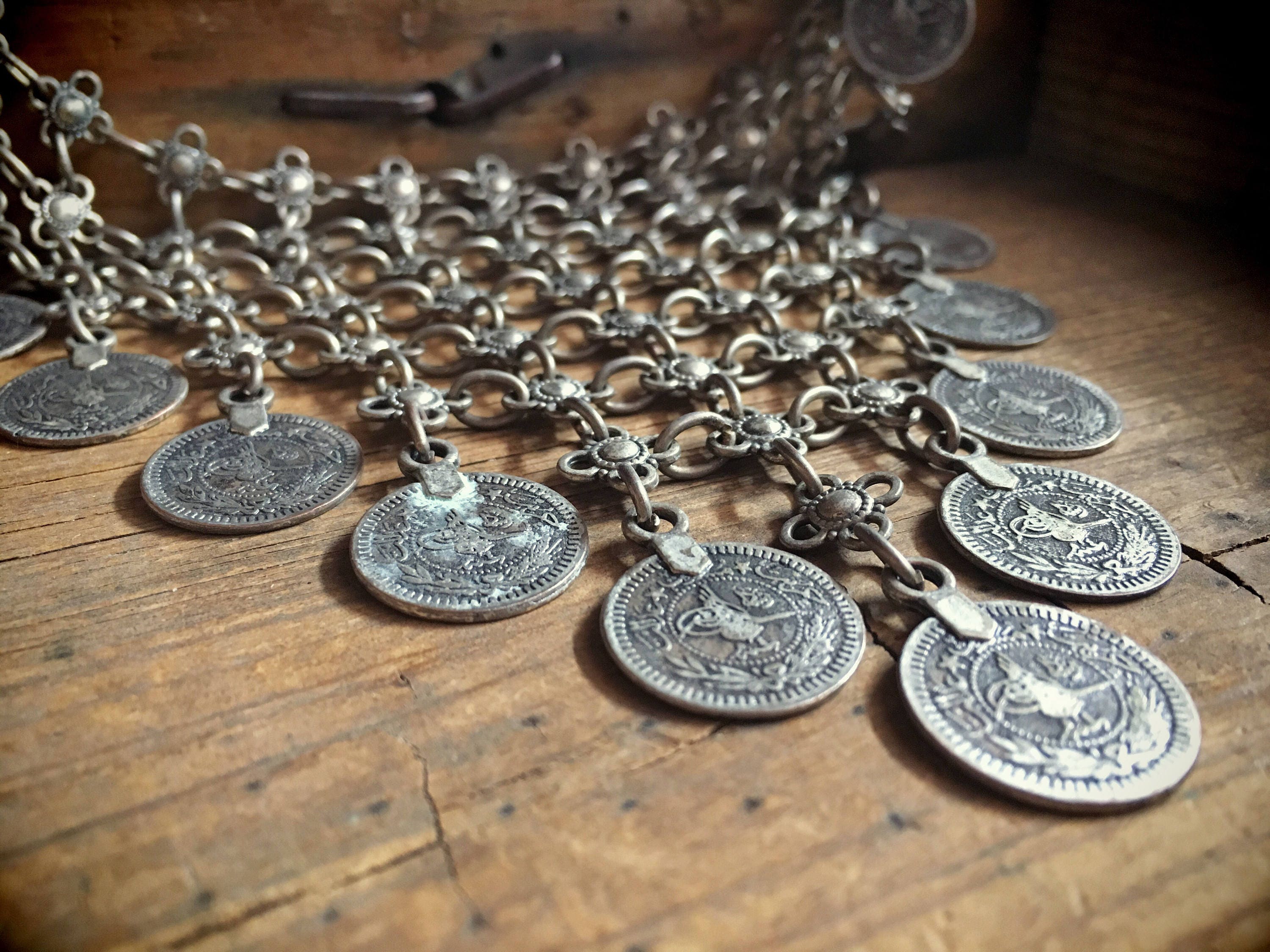 Vintage silver plated tribal necklace chainmail with coins, gypsy ...