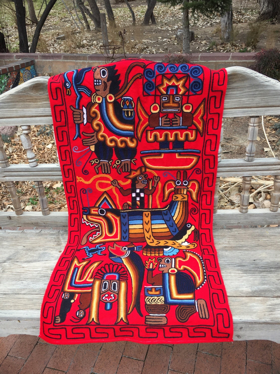Vintage 22 x 45 Huichol embroidered yarn Mexican wall hanging Aztec red ...