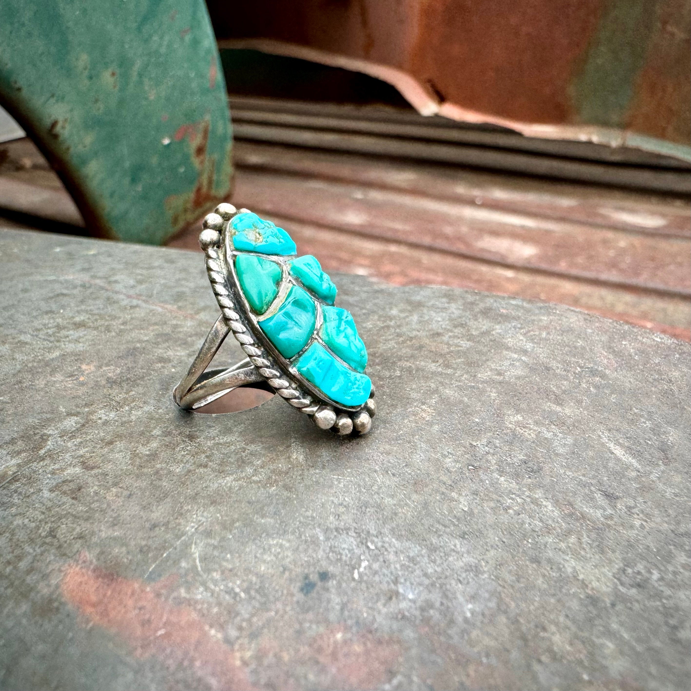 1950s Carved Turquoise Cobblestone Inlay Ring Size 6.25, Vintage Native ...