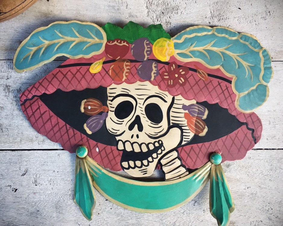 Large Vintage Painted Tin Catrina with Hat Wall Hanging Day of Dead ...