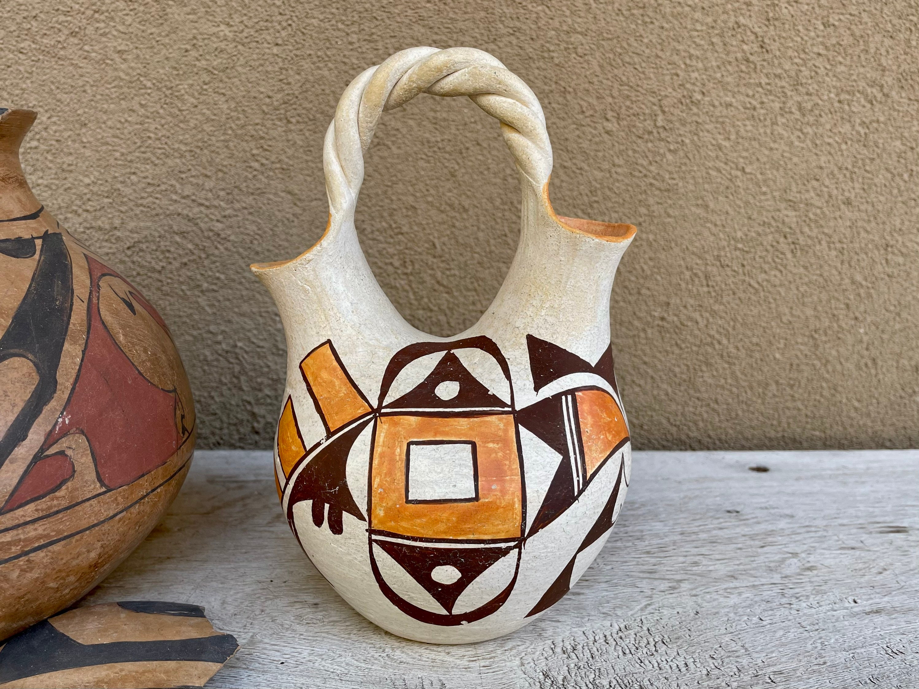 Vintage Acoma Pueblo Pottery Wedding Vase with Braided Handle, Native ...