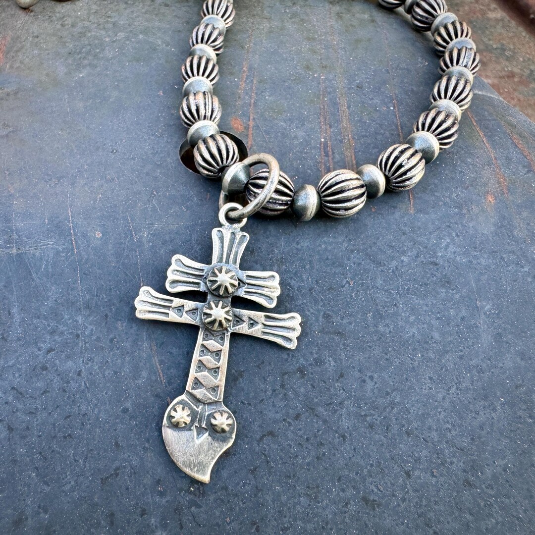 Stamped Sterling Silver Isleta Cross Pendant on Fluted Bead Navajo ...