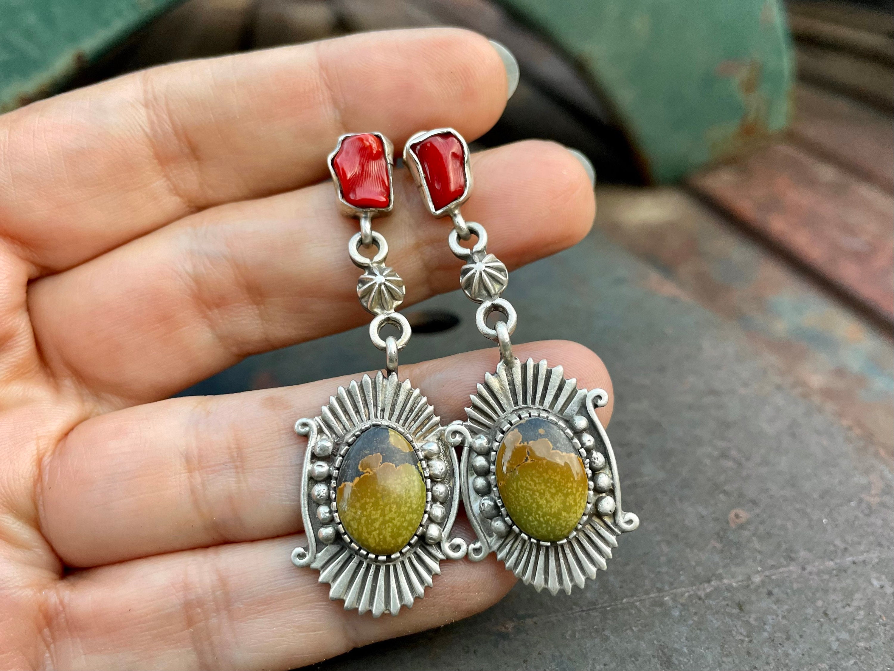 Green Turquoise and Red Coral Dangle Earrings for Women, Sterling ...