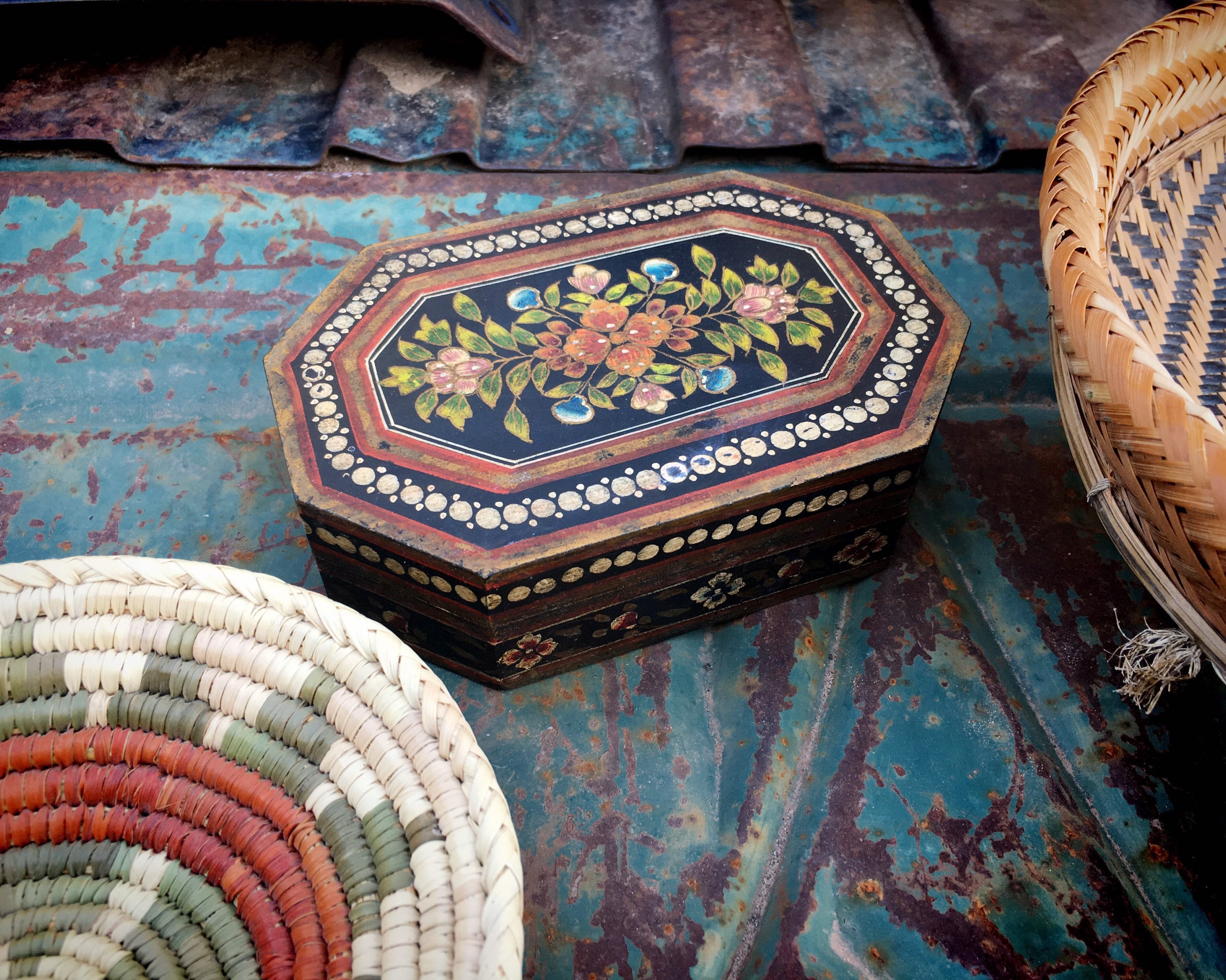 Small Flat Vintage Mexican Lacquer Painted Wood Box with Floral Design ...
