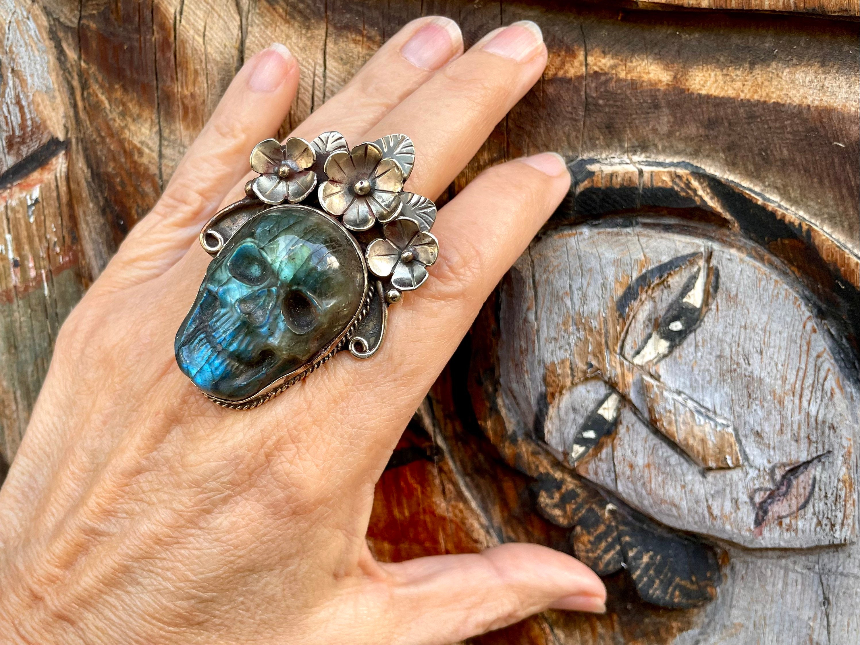 Carved Labradorite Skeleton Skull Ring in Silver Plated Bezel, Day of ...