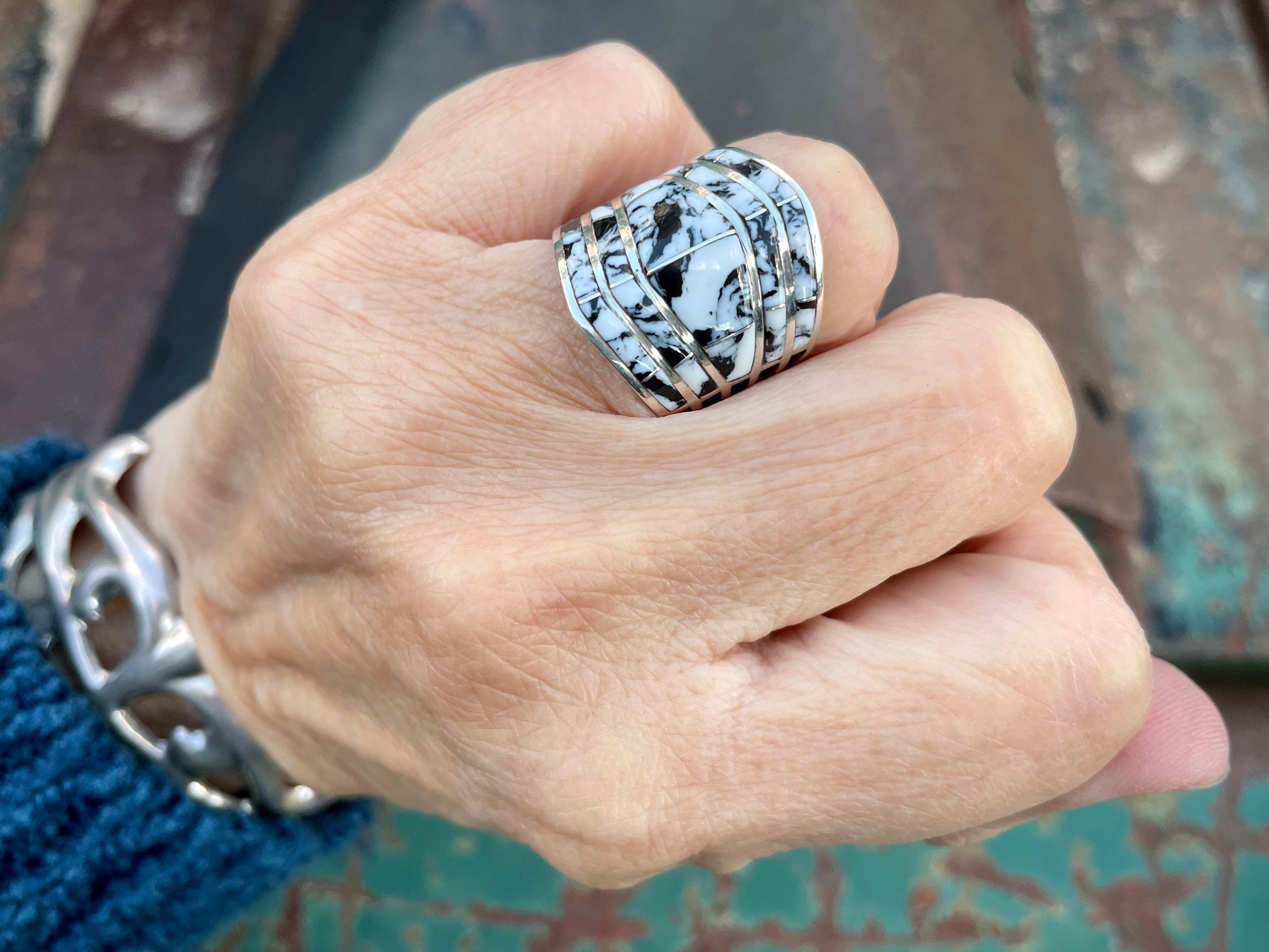 Navajo Andrew Enrico White Buffalo Band Size 8, Split Shank Channel ...