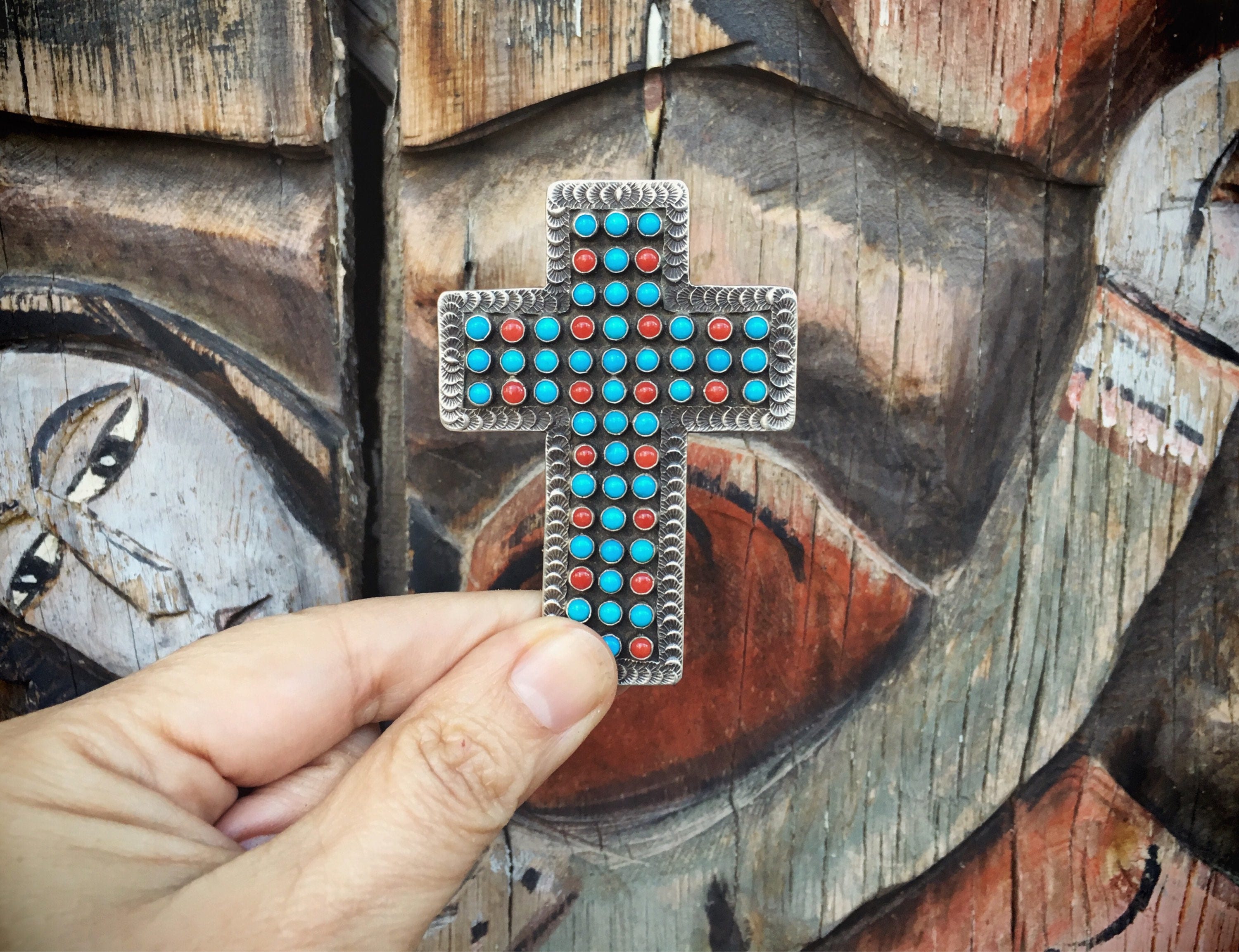 Signed Navajo Cross Coral Turquoise Pendant Brooch Native American ...
