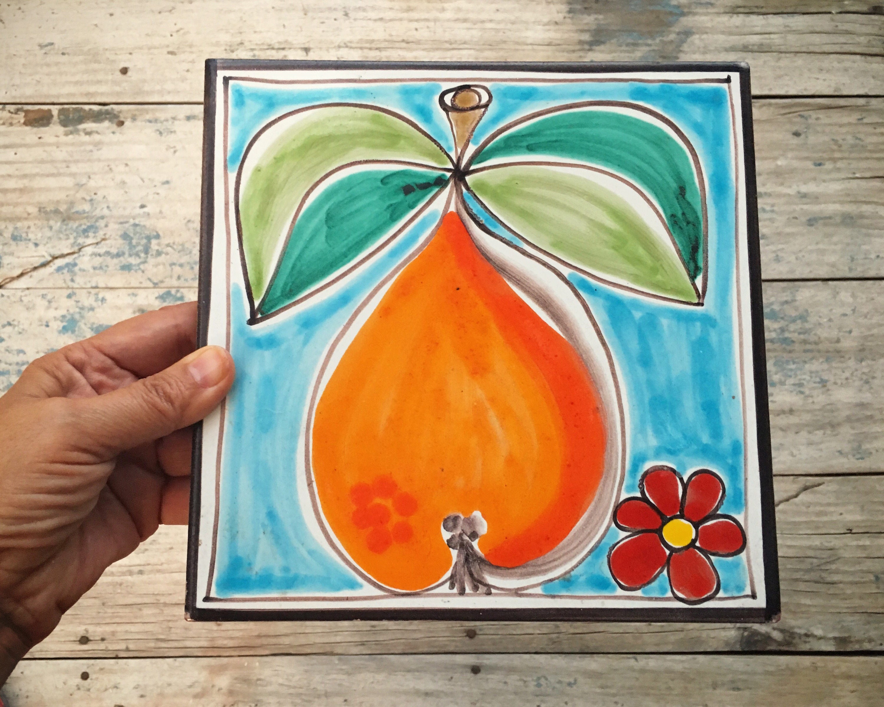 Midcentury 8x8 Cannara Italy ceramic tile trivet, pop art pottery pear ...