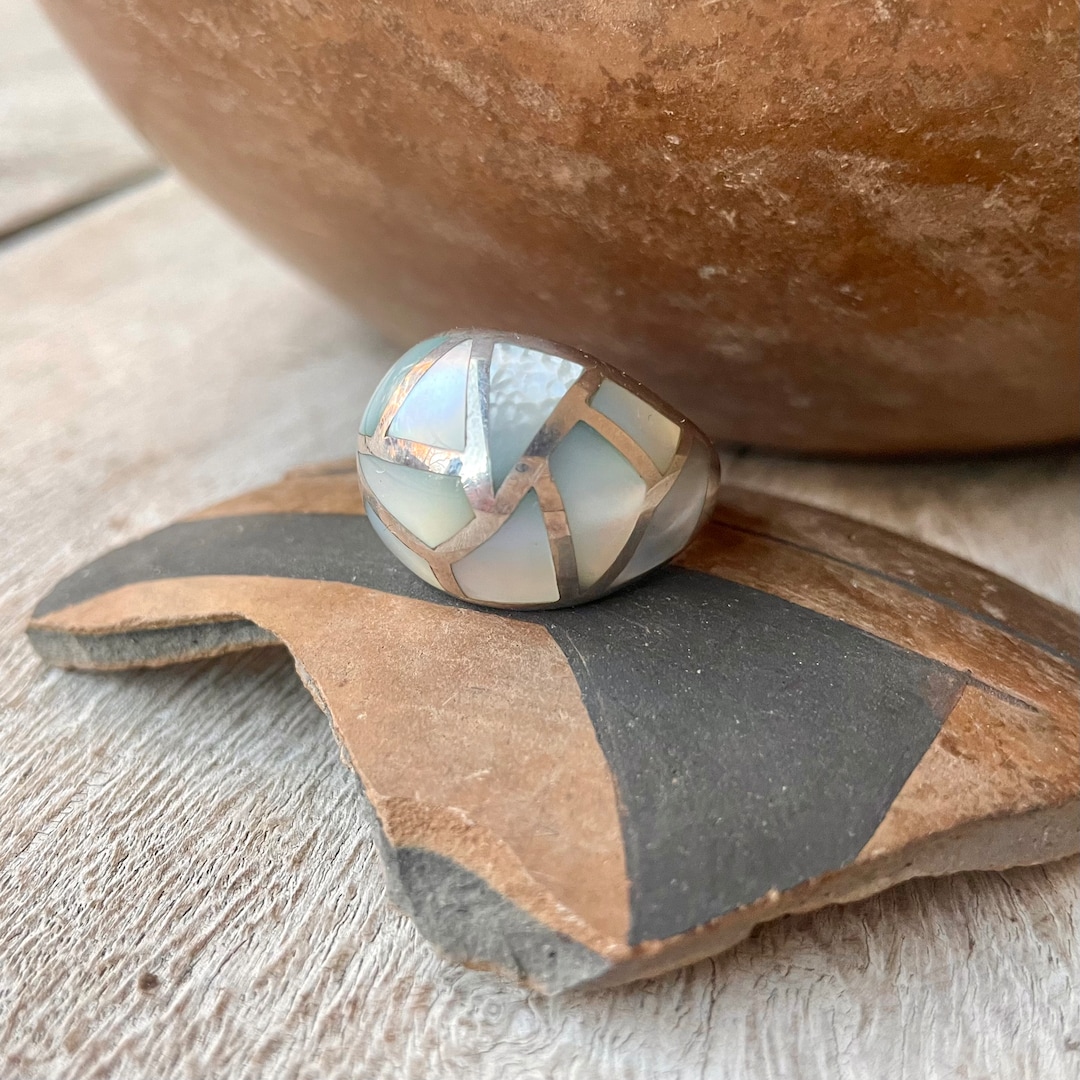 Vintage Mother of Pearl Channel Inlay Domed Ring Size 9-10, Sterling ...