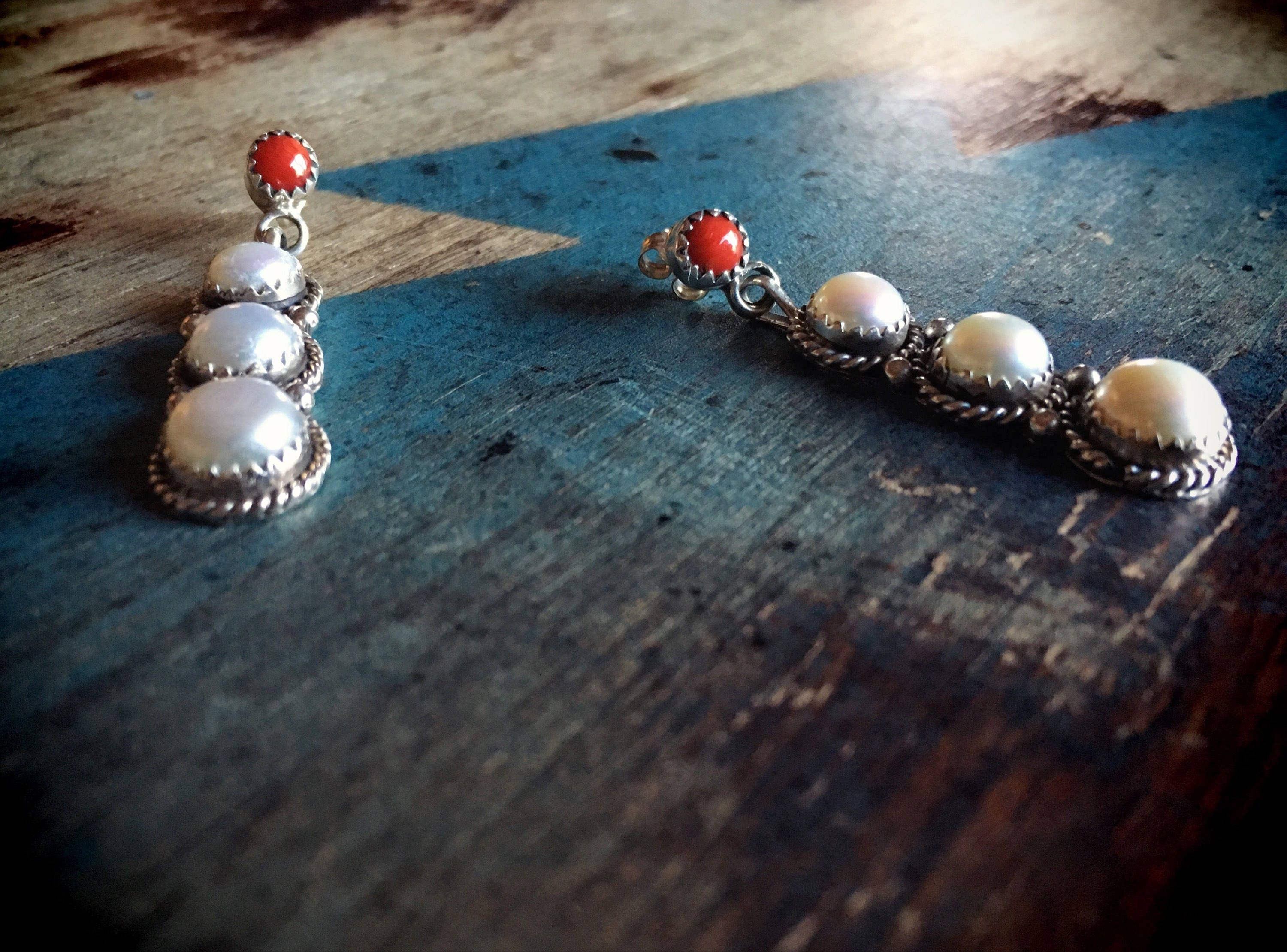 Pearl Earrings with Coral Native American Dangle Earrings, Red and ...