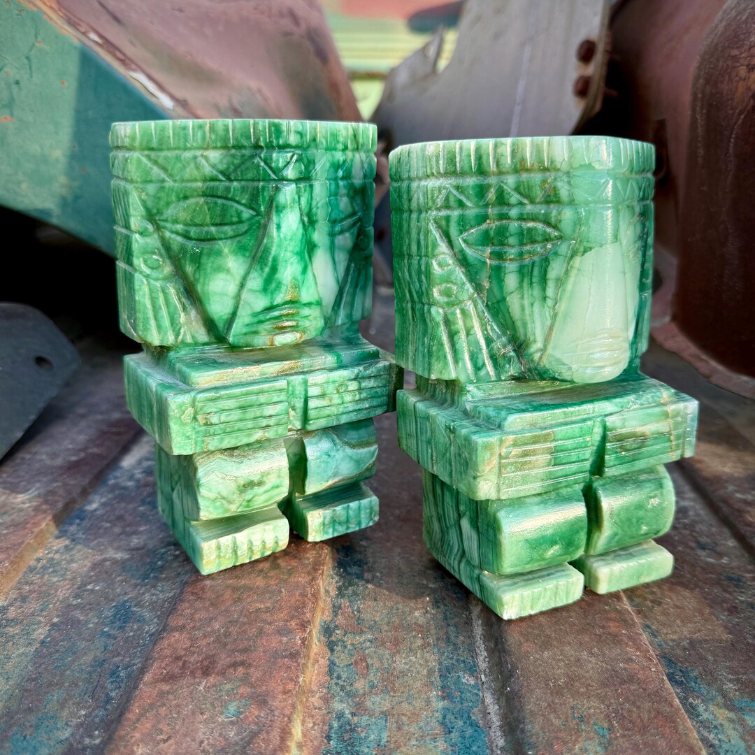 Heavy Distressed Vintage Jadeite Bookends Aztec Mayan Figures 6" Tall ...