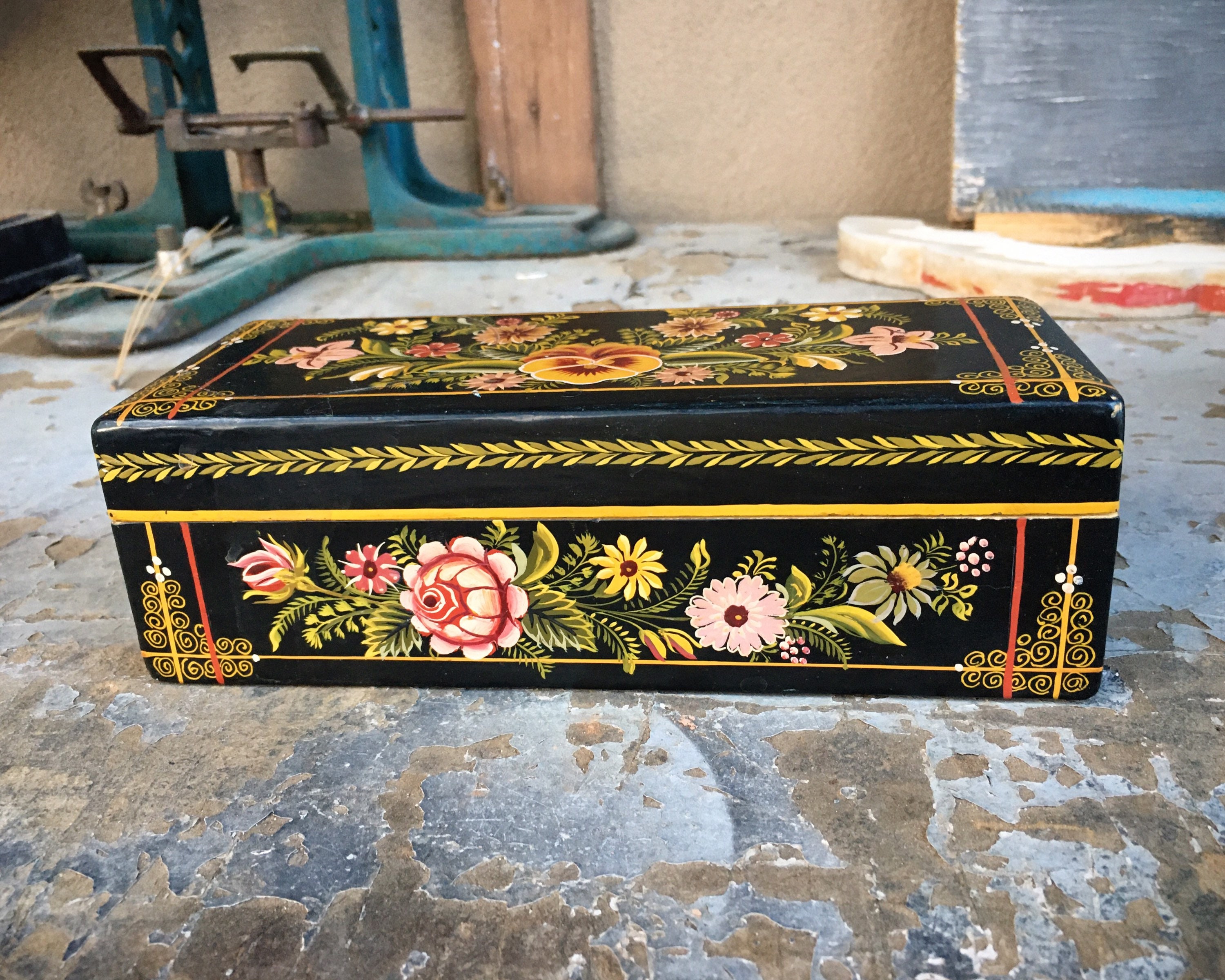 Small Narrow Vintage Mexican Lacquer Painted Wood Box with Floral ...