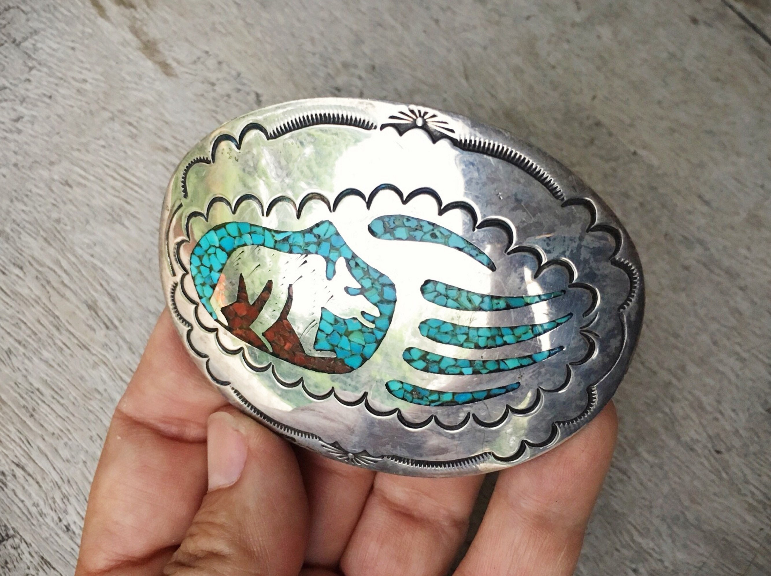 Sterling Silver Belt Buckle For Men With Crushed Turquoise And Coral 