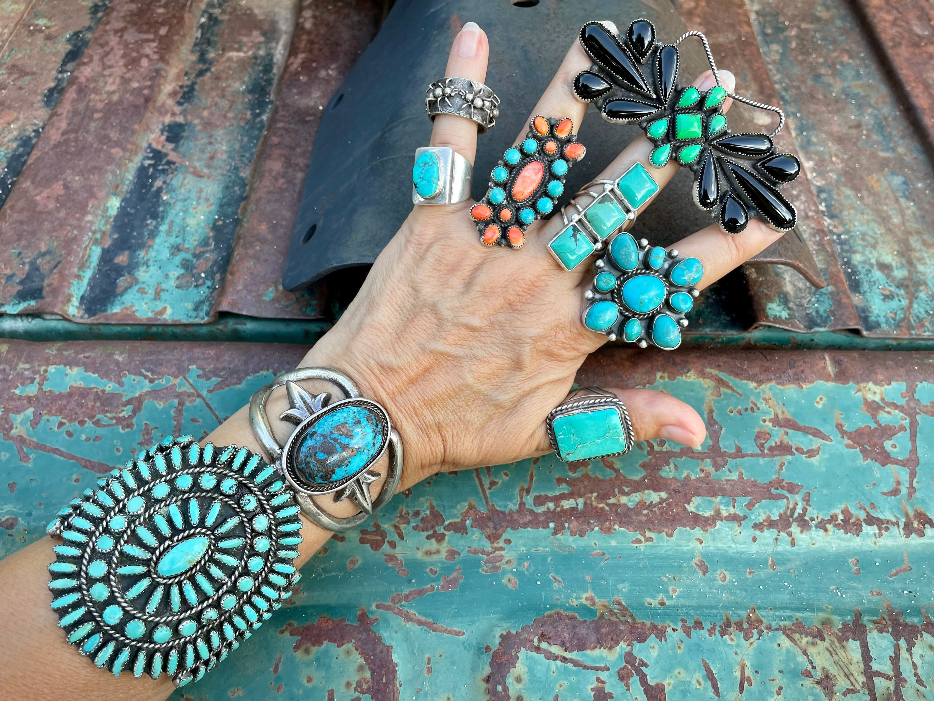 Huge 36g Black Onyx Green Turquoise Butterfly Ring Size 10, Navajo ...