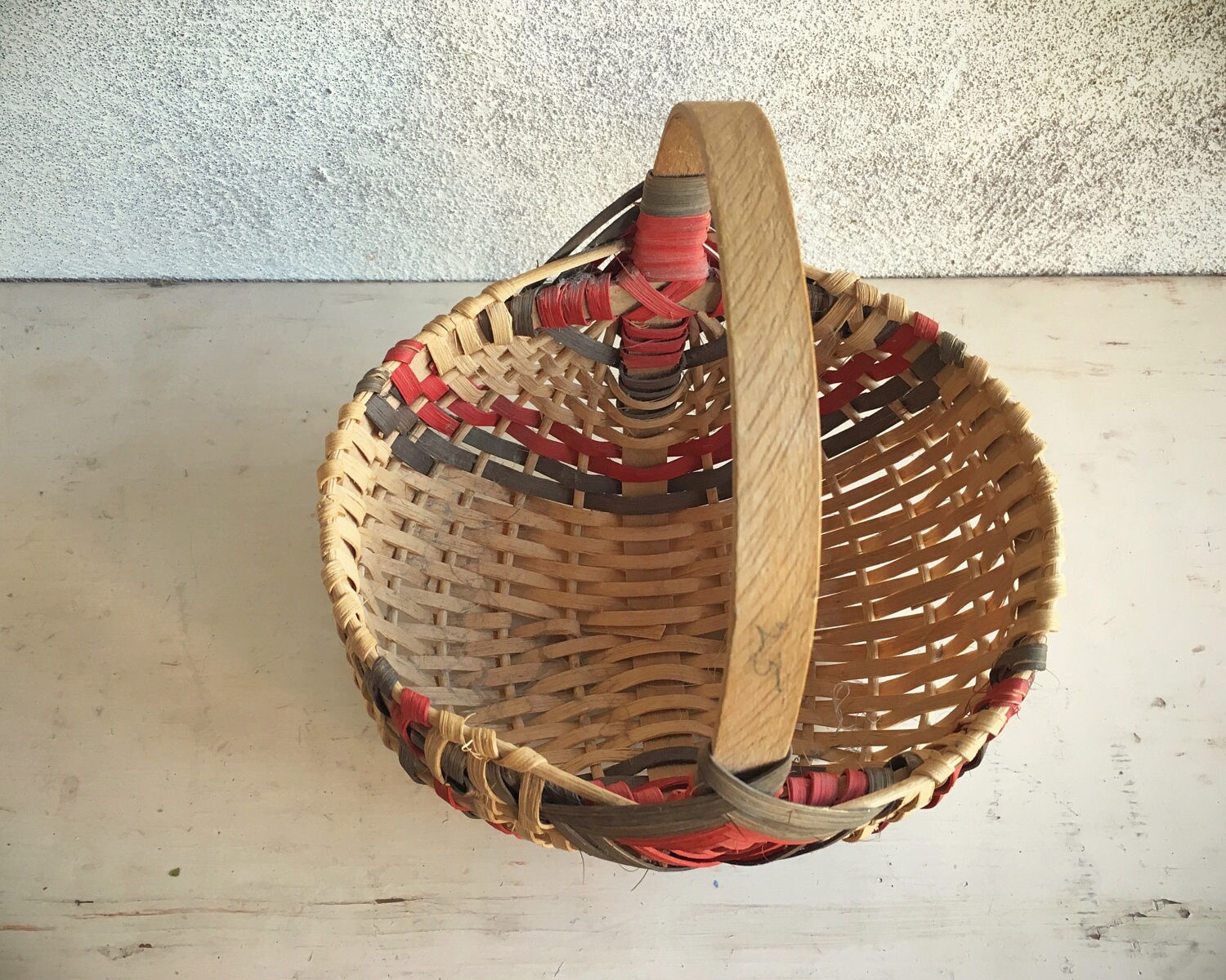 Small vintage buttocks basket with red, woven oak gathering basket ...
