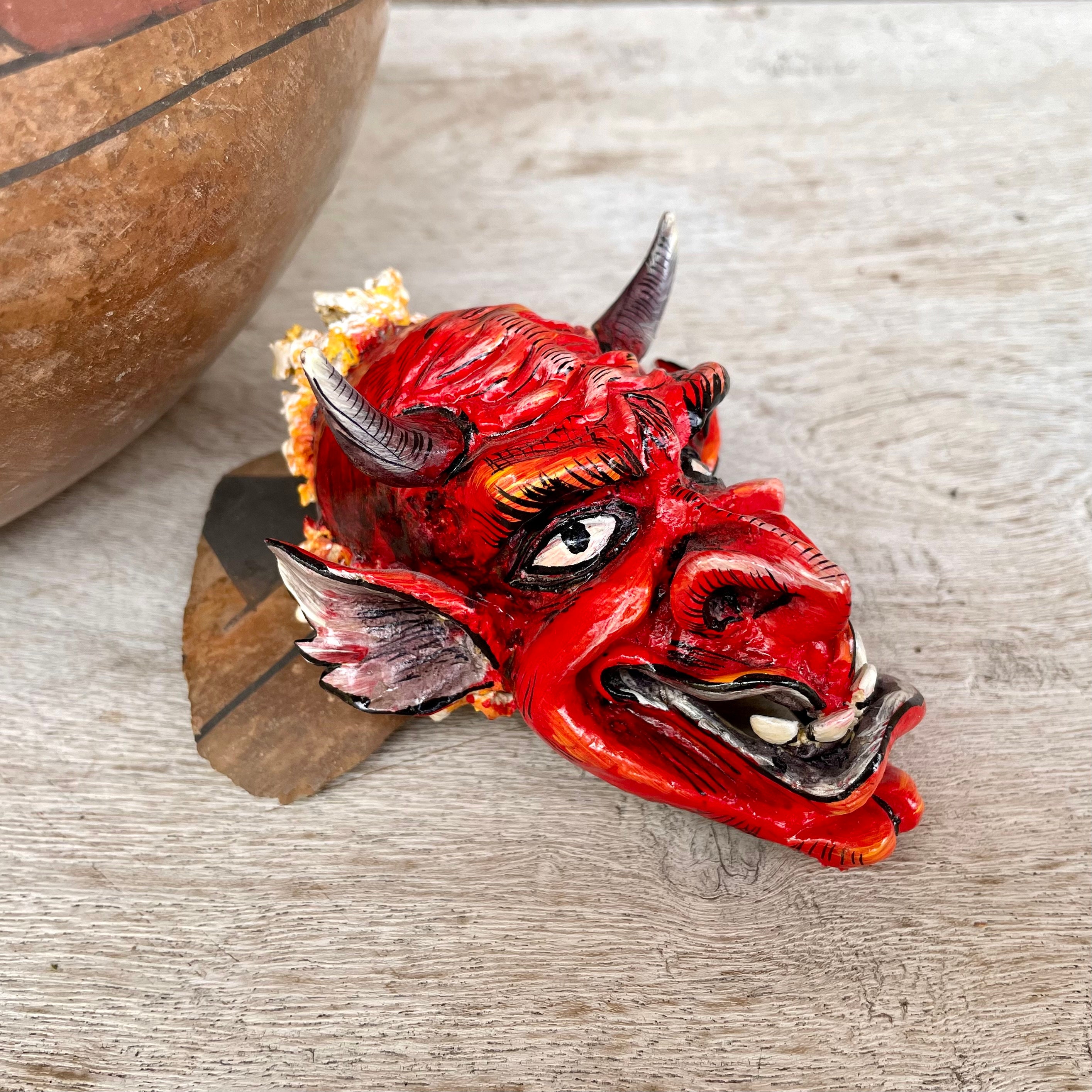 Vintage Peruvian Miniature Painted Clay Mask of Red Demon, Day of the ...