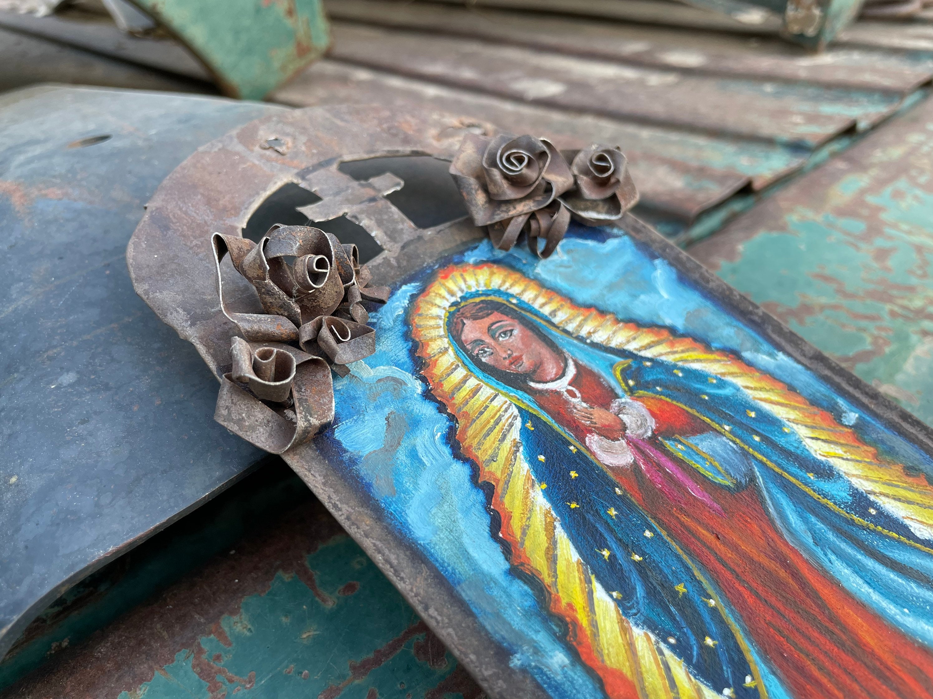 Painted Tin Metal Our Lady of Guadalupe Small Retablo, Altar ...