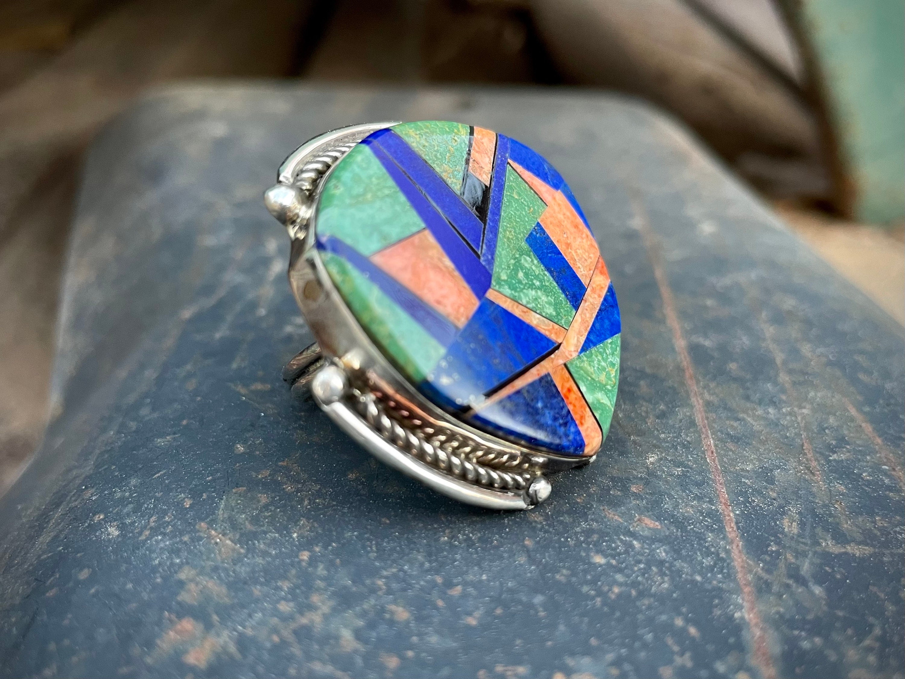 Large Mosaic Inlay Ring Size 8 of Lapis Lazuli Green Turquoise Orange Spiny Oyster Navajo Made