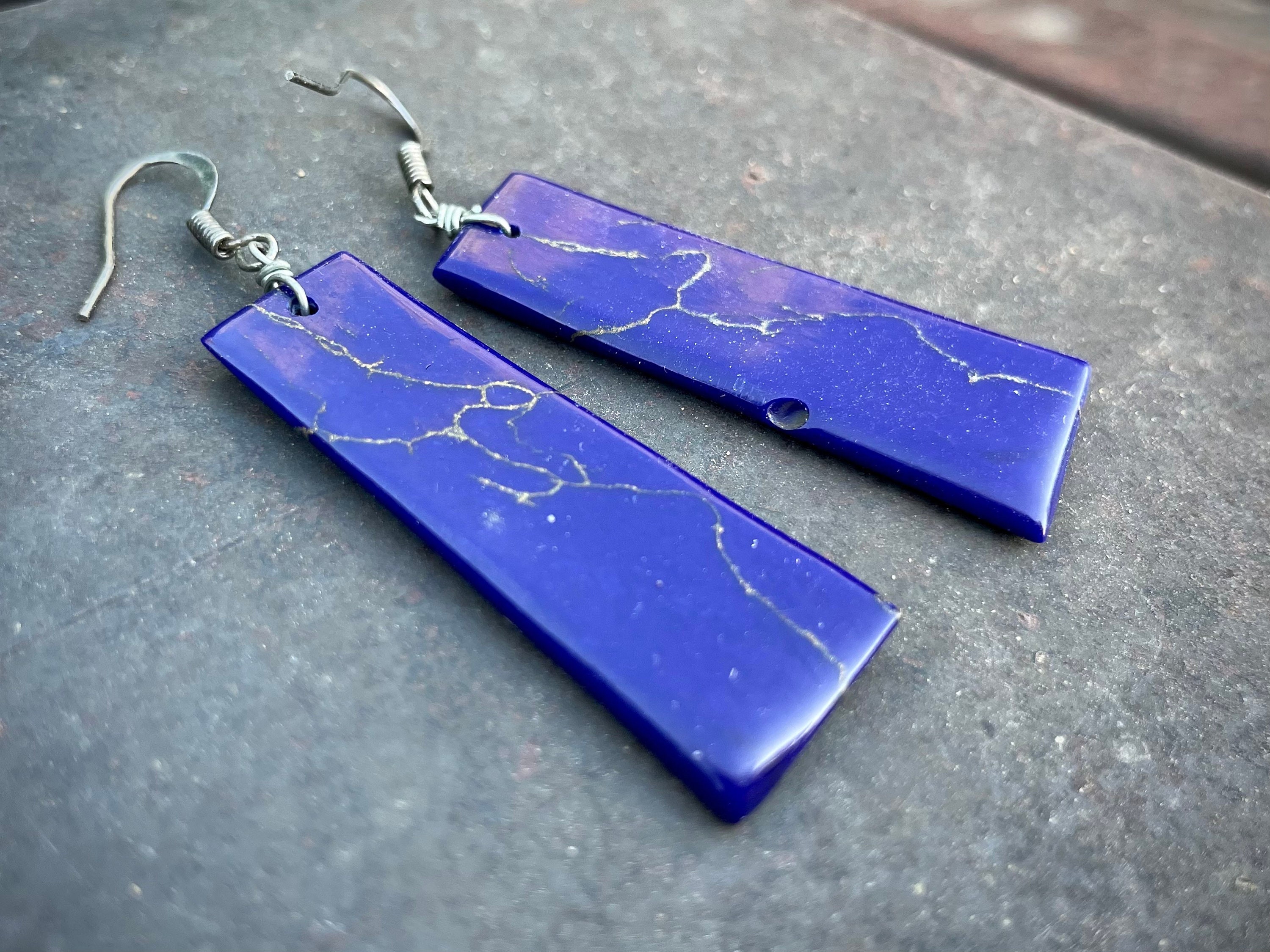 Dark Blue Dyed Howlite Slab Earrings, Southwestern Jewelry Santo ...