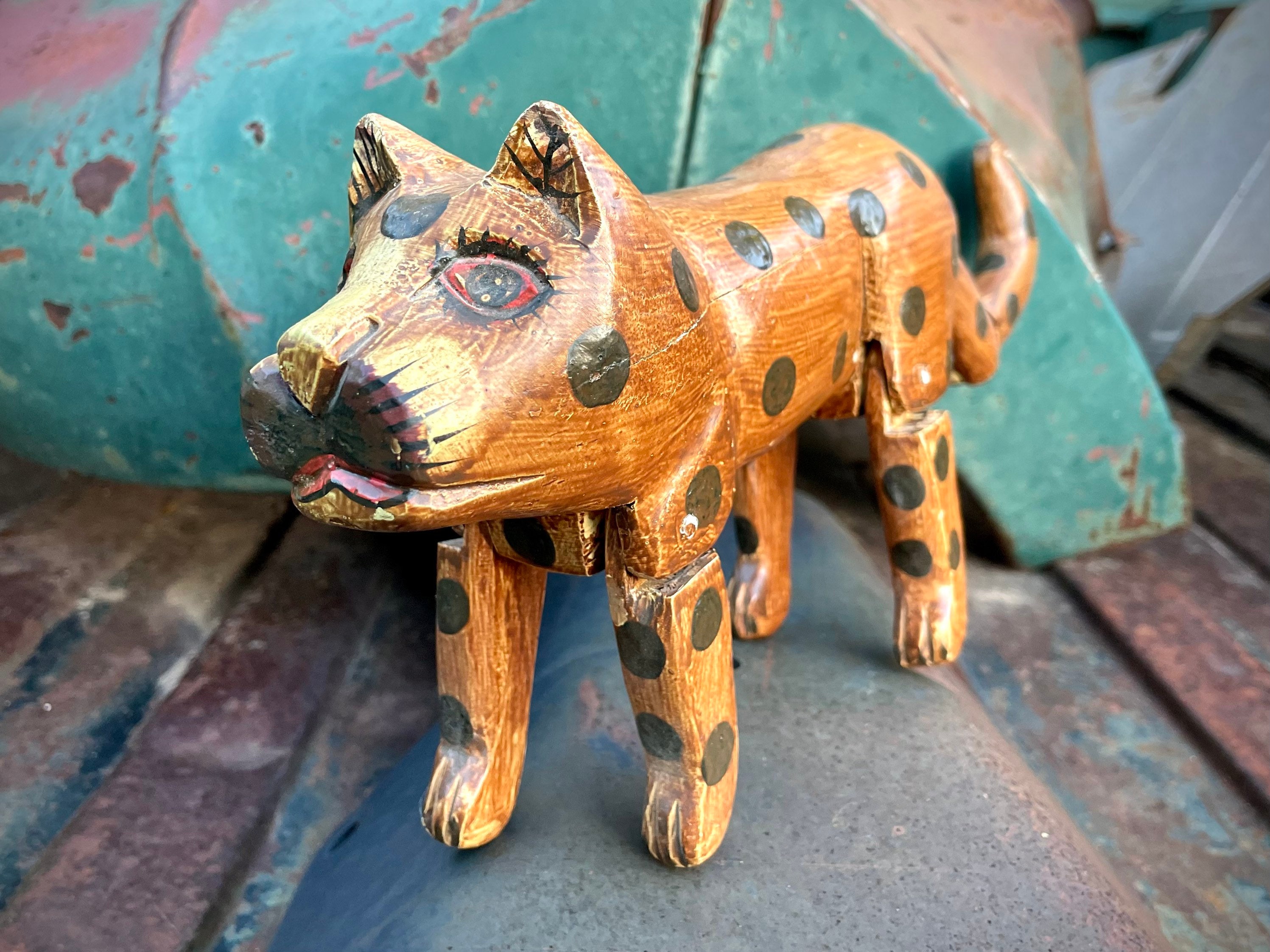 Vintage Spotted Cat Figurine with Movable Limbs, Carved Painted Folk ...