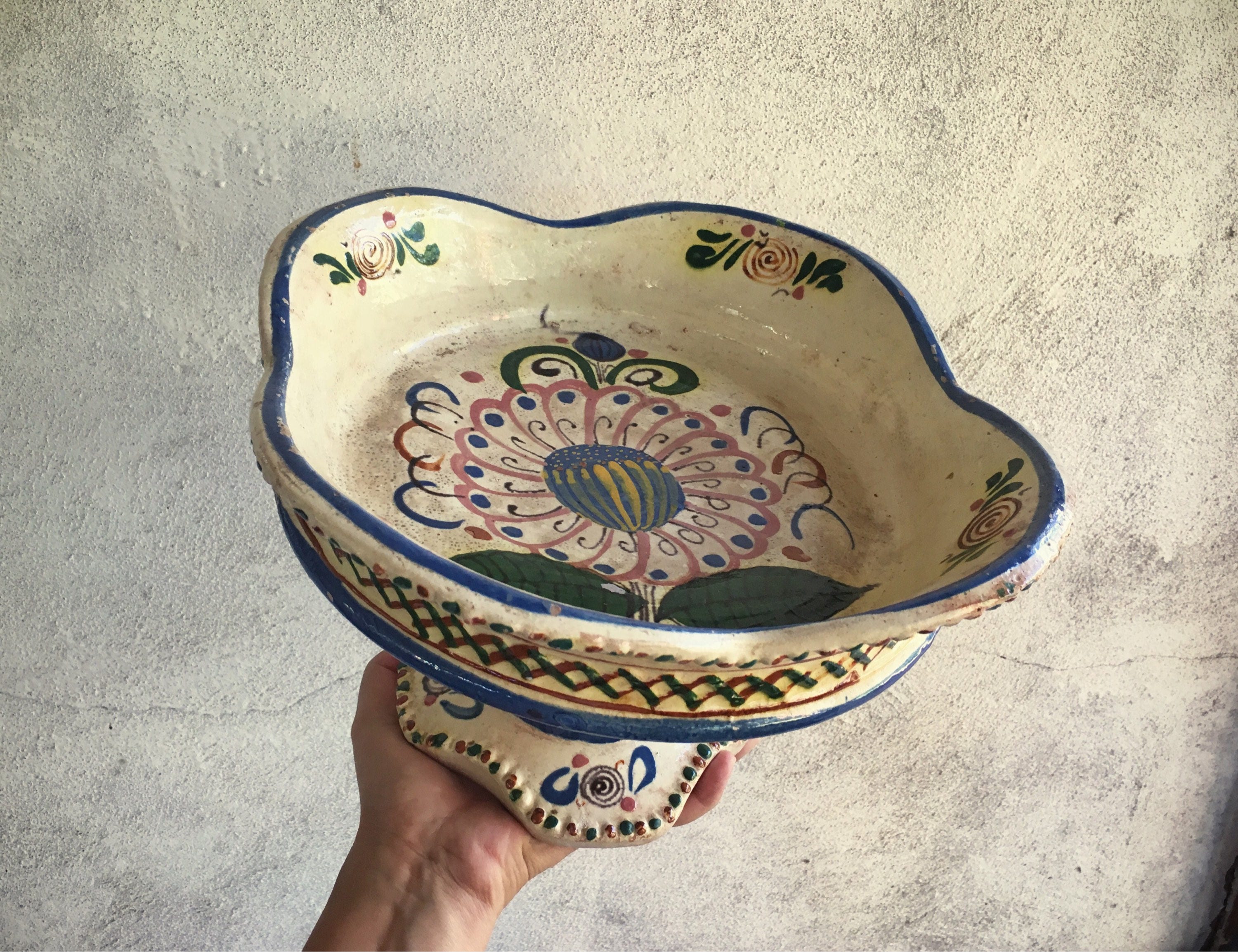 Old Mexican pottery vintage Tlaquepaque pedestal fruit bowl rustic home ...