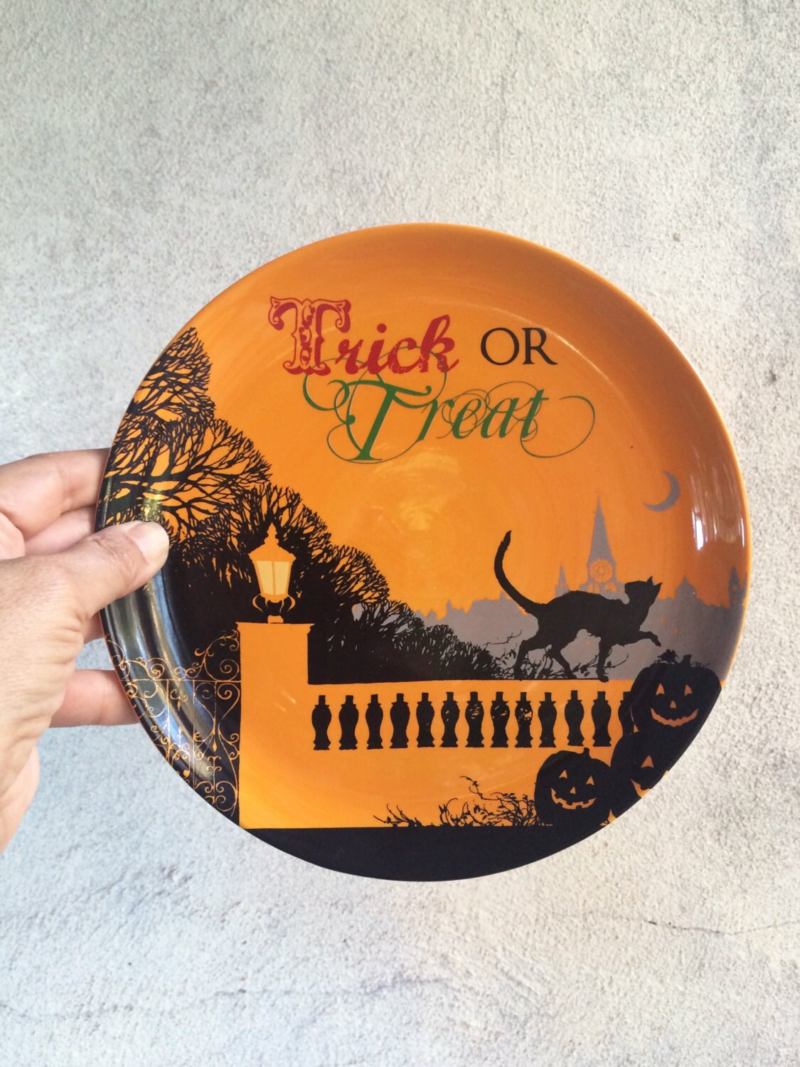 Vintage Halloween plates with witches Trick or Treat skeleton Halloween ...