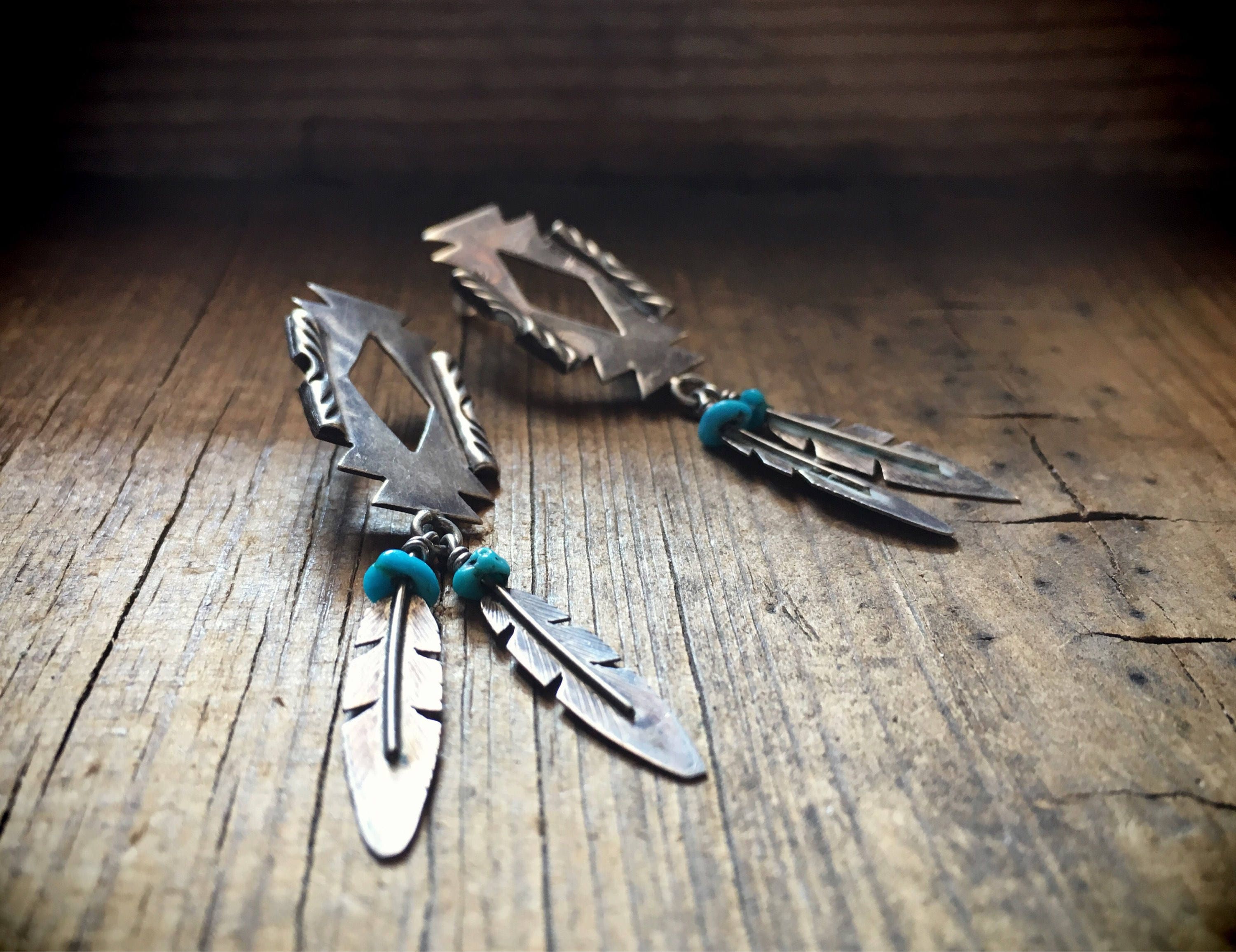 Vintage Native American sterling silver feather earrings with blue ...