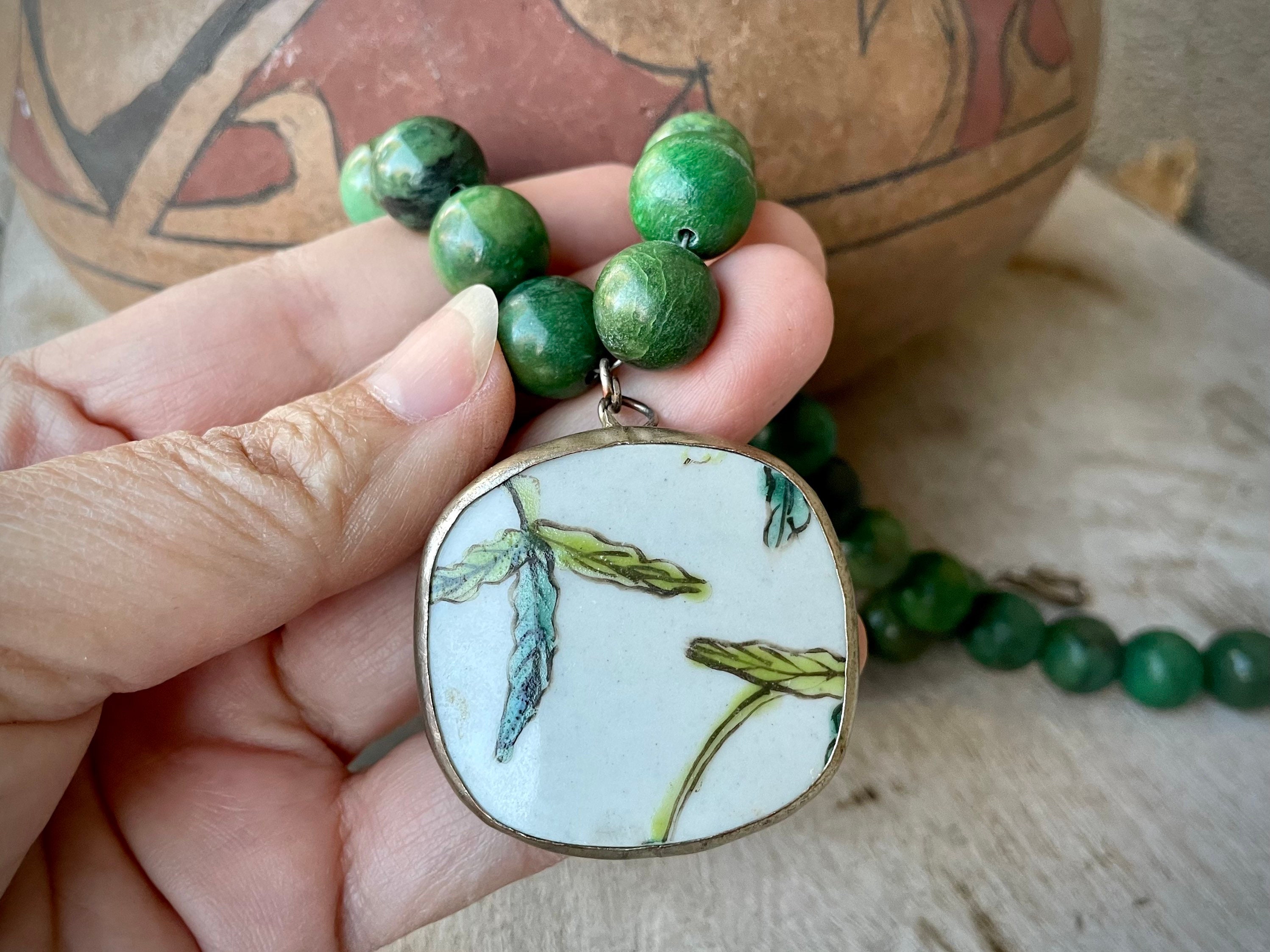 Vintage China Porcelain Shard Pendant with Marbled Green Jasper Bead ...