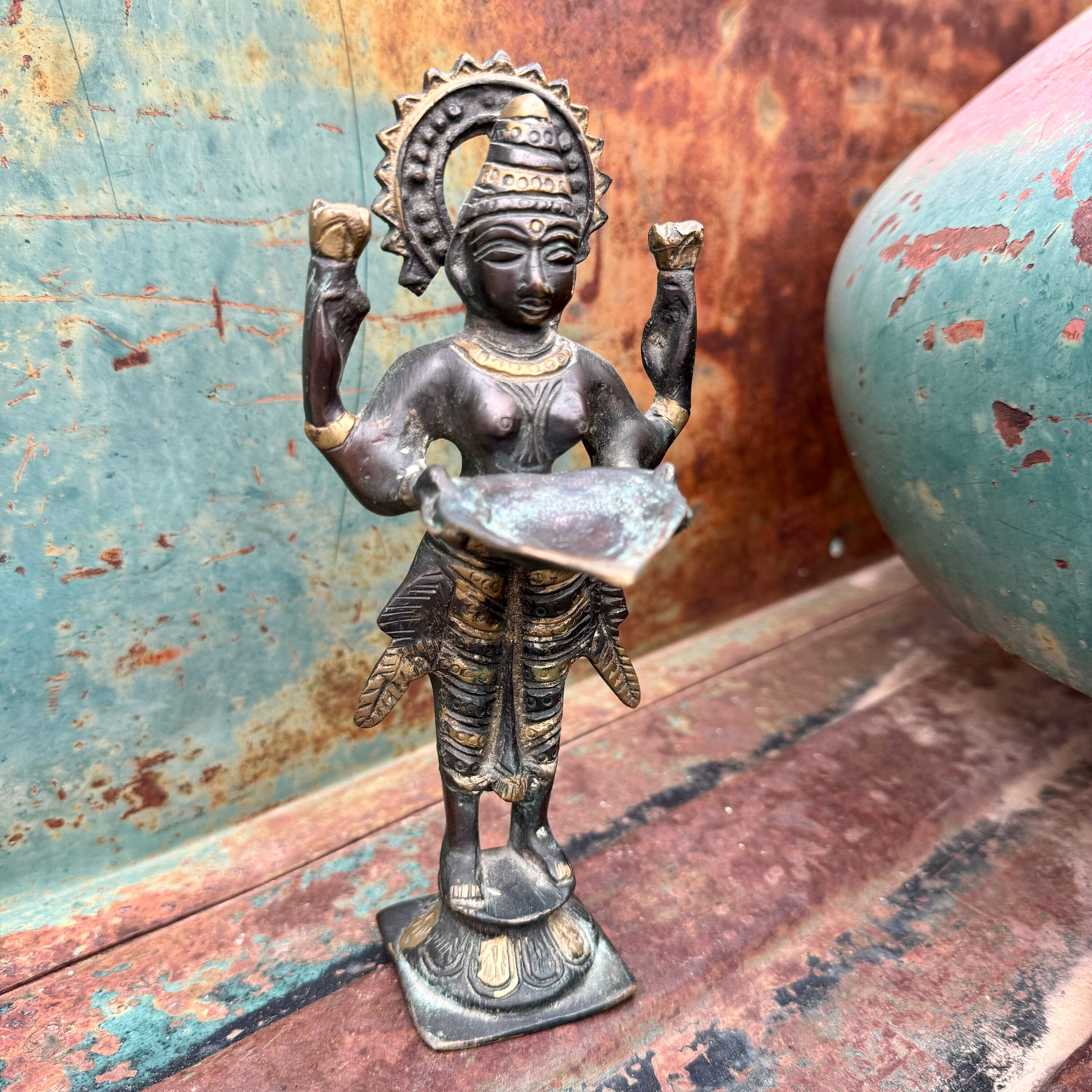 Vintage Brass Four-Arm Vishnu Idol Figure Statue Approx 7 Tall, Hindu ...