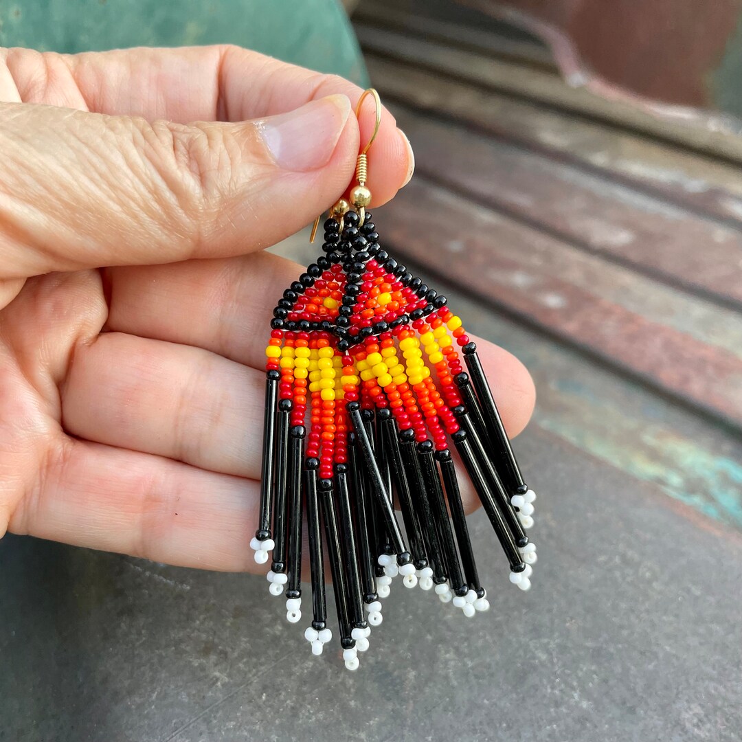 Vintage Loom Beaded Earrings With Orange Red Black, Autumn Colors, Seed ...