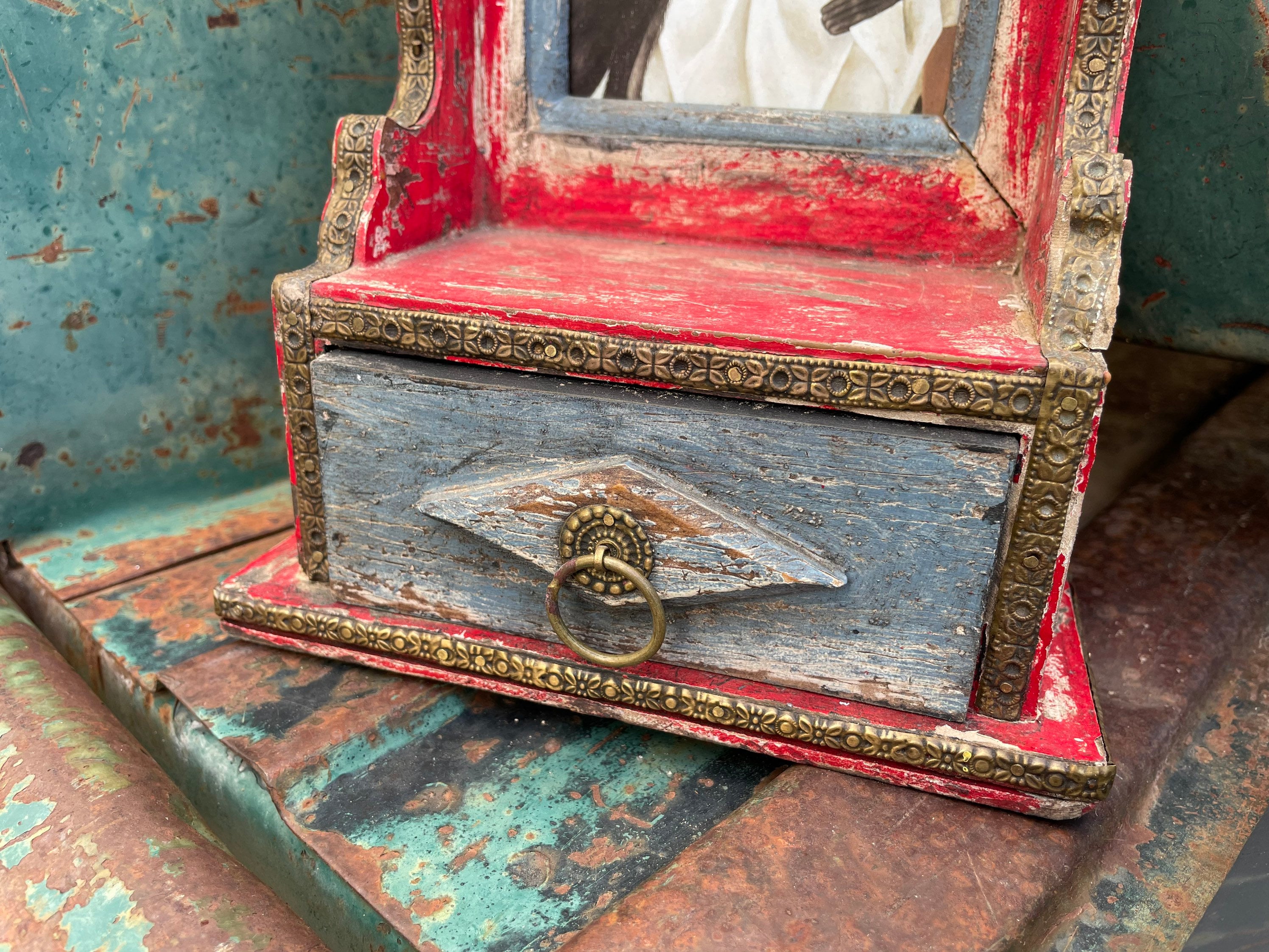 Repurposed Red Painted Wood and Metal Border Drawer Shrine Homage to ...
