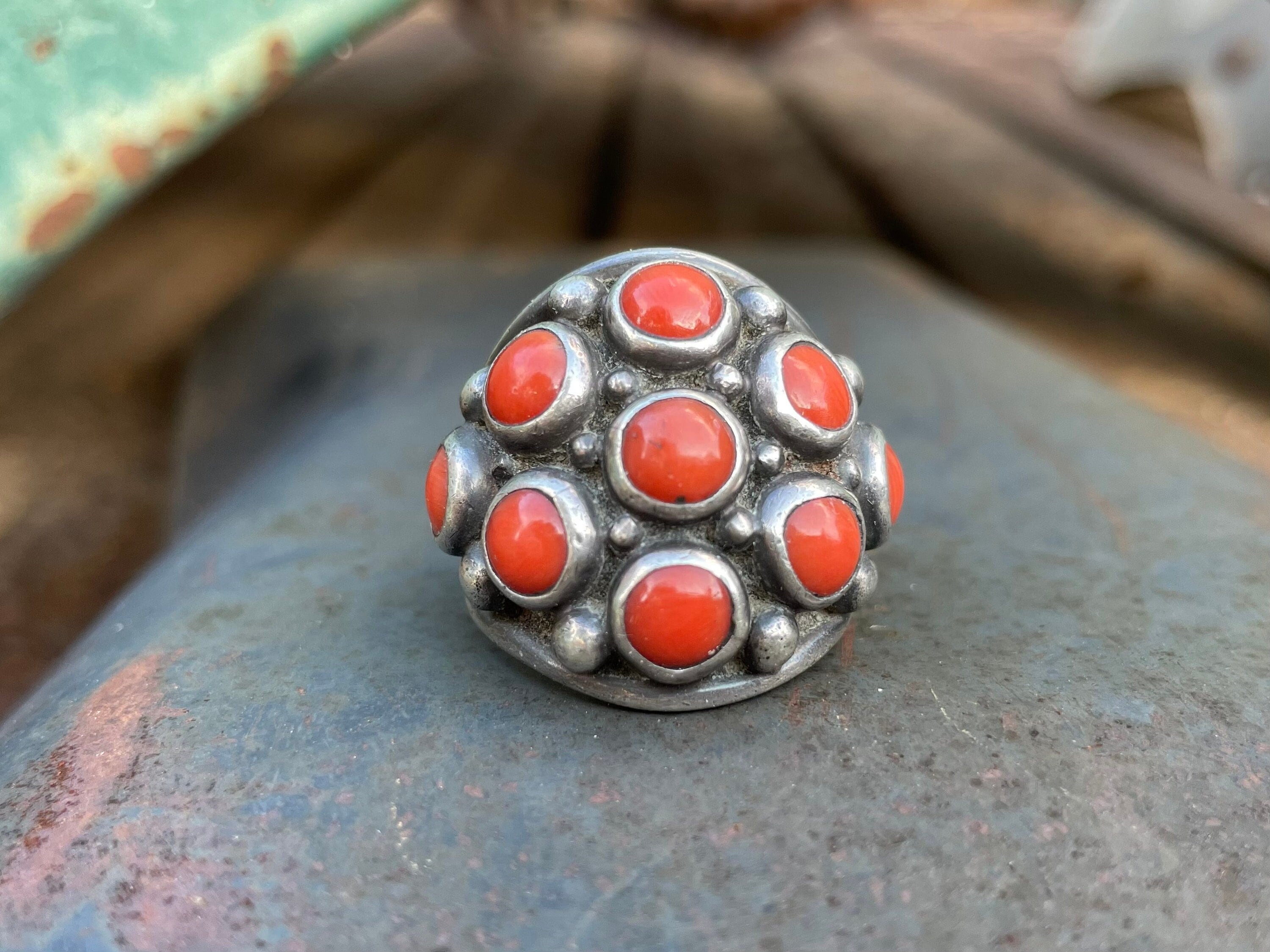 Zuni Mediterranean Coral Snake Eye Knuckle Ring Women Size 9.5, Vintage ...