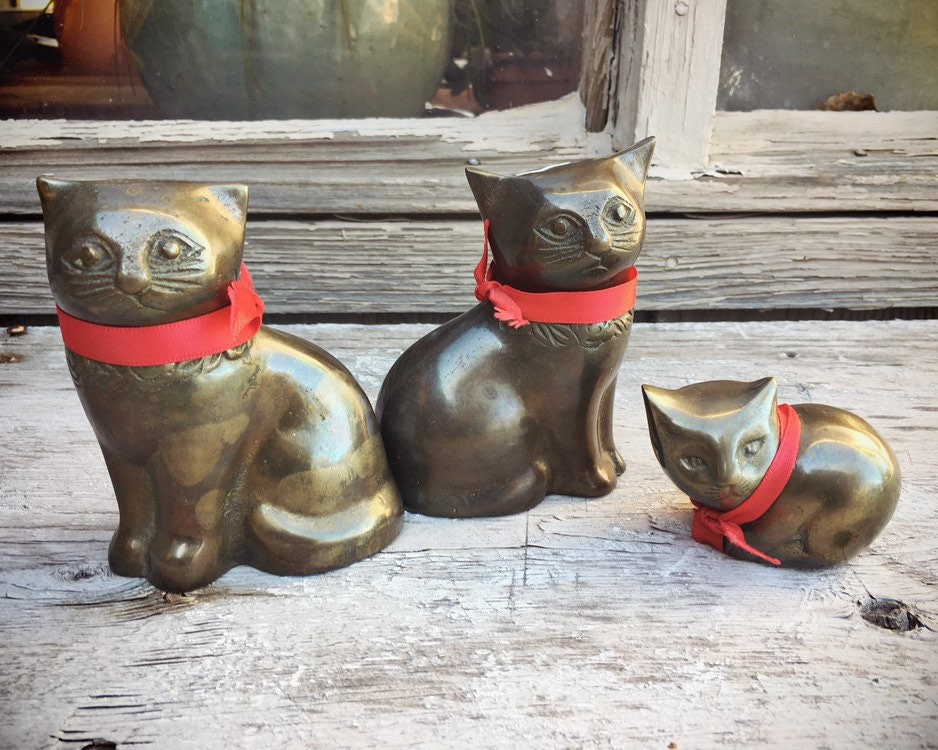 Three Vintage Brass Cats Family Figurines Statues, Cat Lover Gift for ...