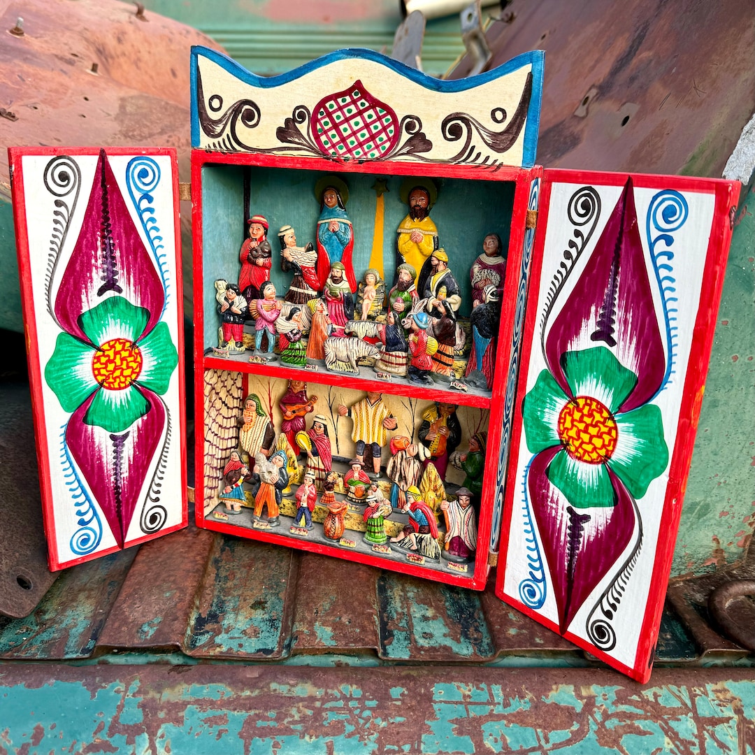 Large Vintage Peruvian Folk Art Retablo Ceramic Nativity Scene Diorama ...