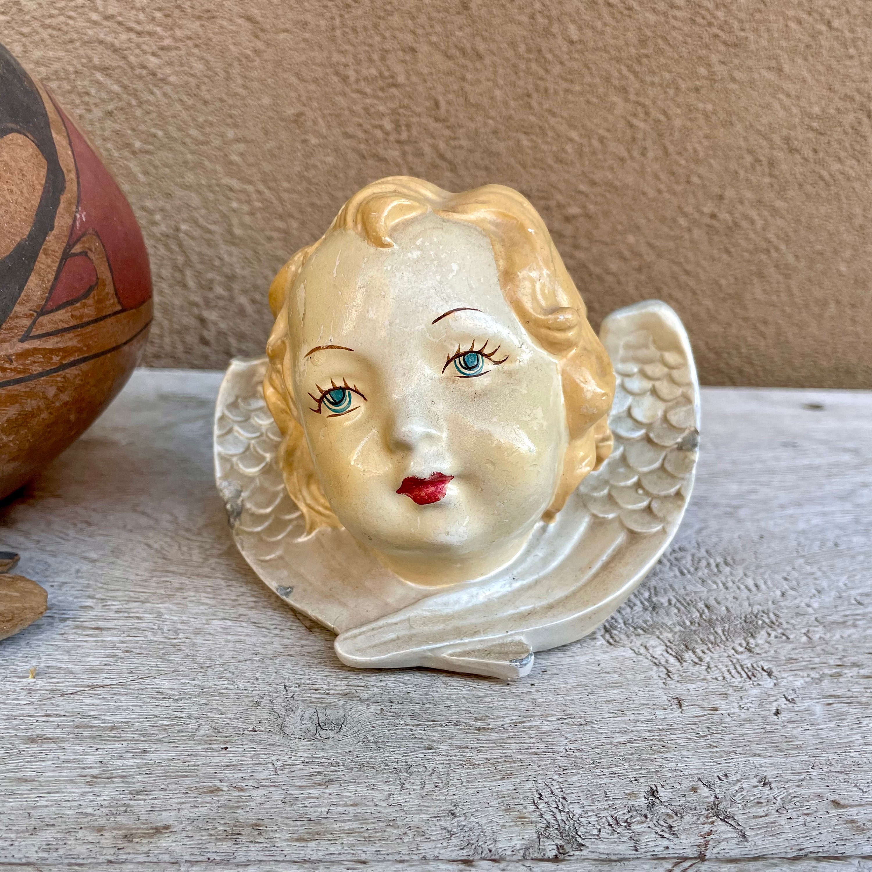 Vintage Distressed Plaster Ceramic Winged Angel Figurine Hand-Painted ...