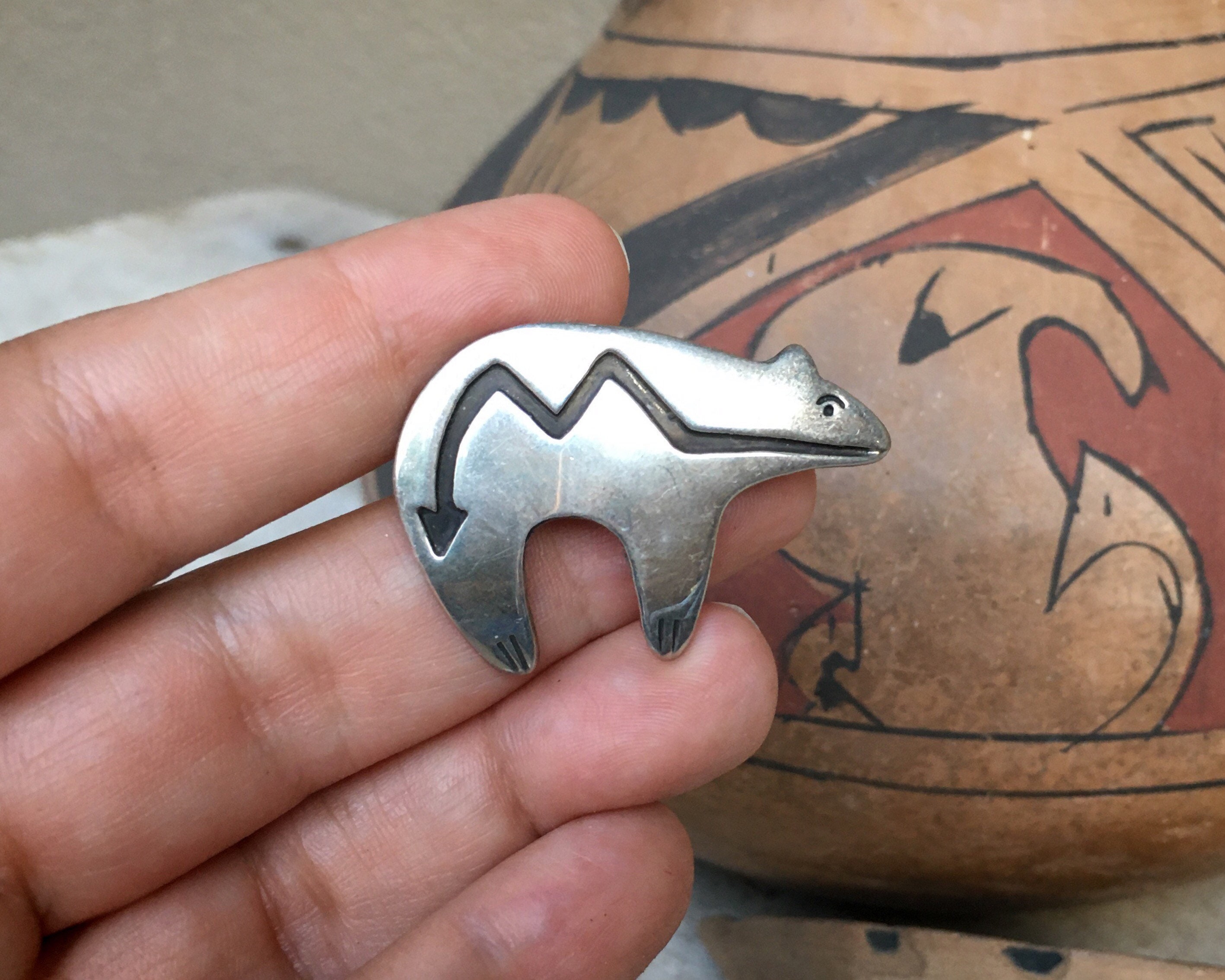 Sterling Silver Pendant Bear Fetish Brooch Pendant, Navajo Native ...