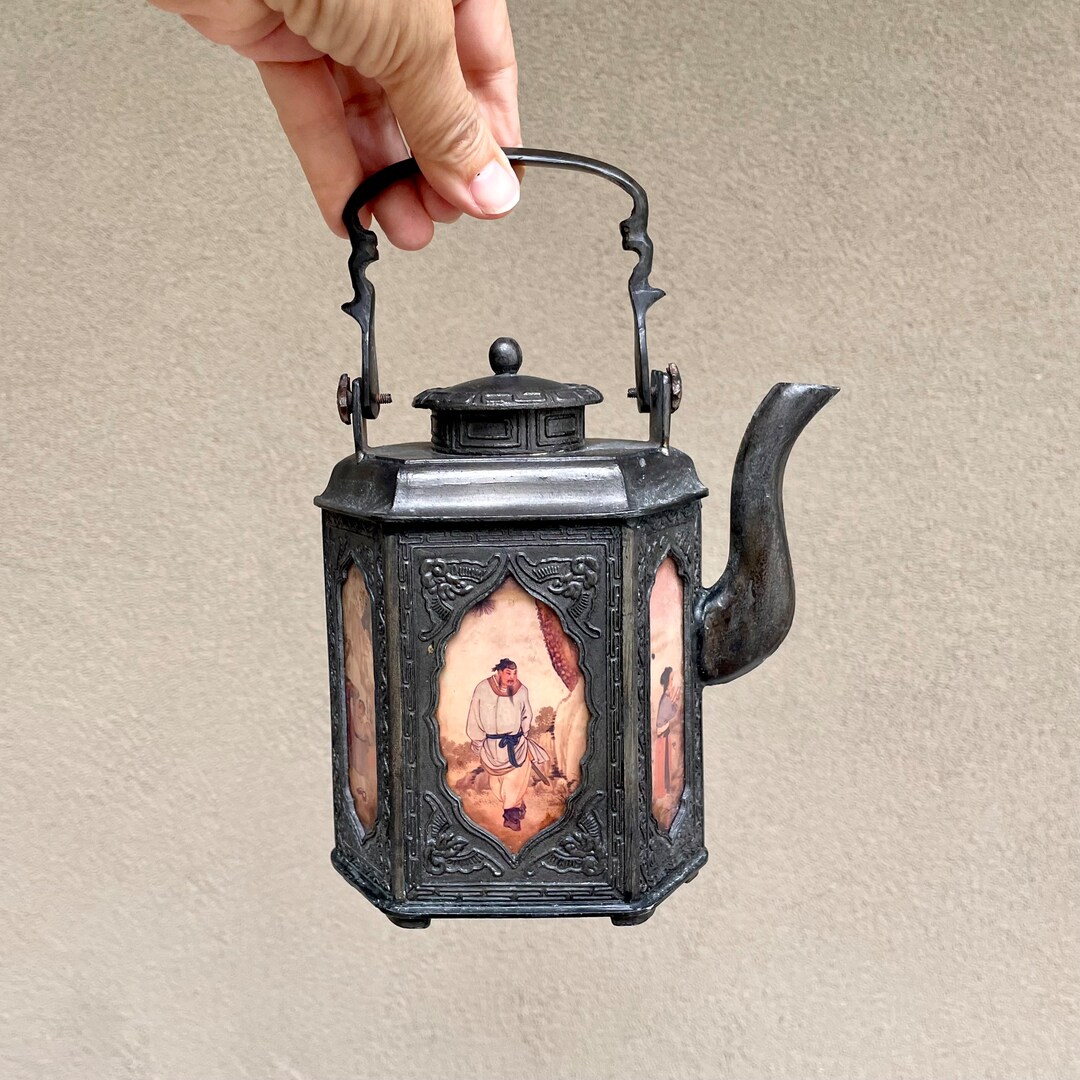 Antique Shantou Metal Teapot With Glass Covered Panels Lithograph ...