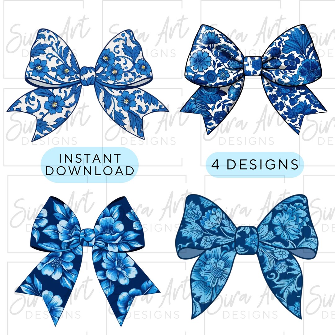 Blue Chinoiserie Coquette Bow Png Bundle, Floral Bows Clipart, Flower ...