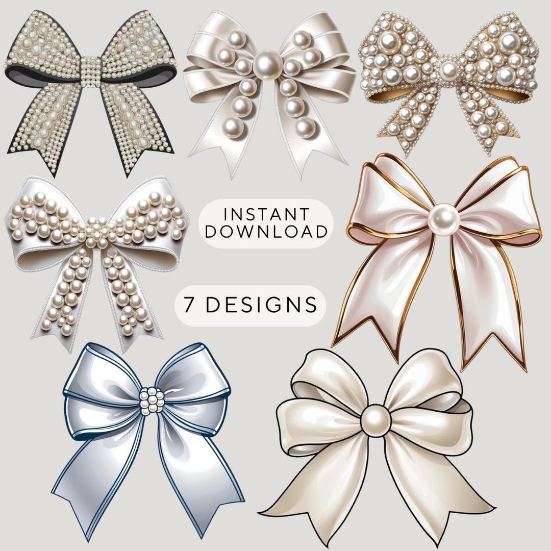 White Pearl Bows Clipart Bundle, Beige Coquette Bow Png, Ribbon With ...