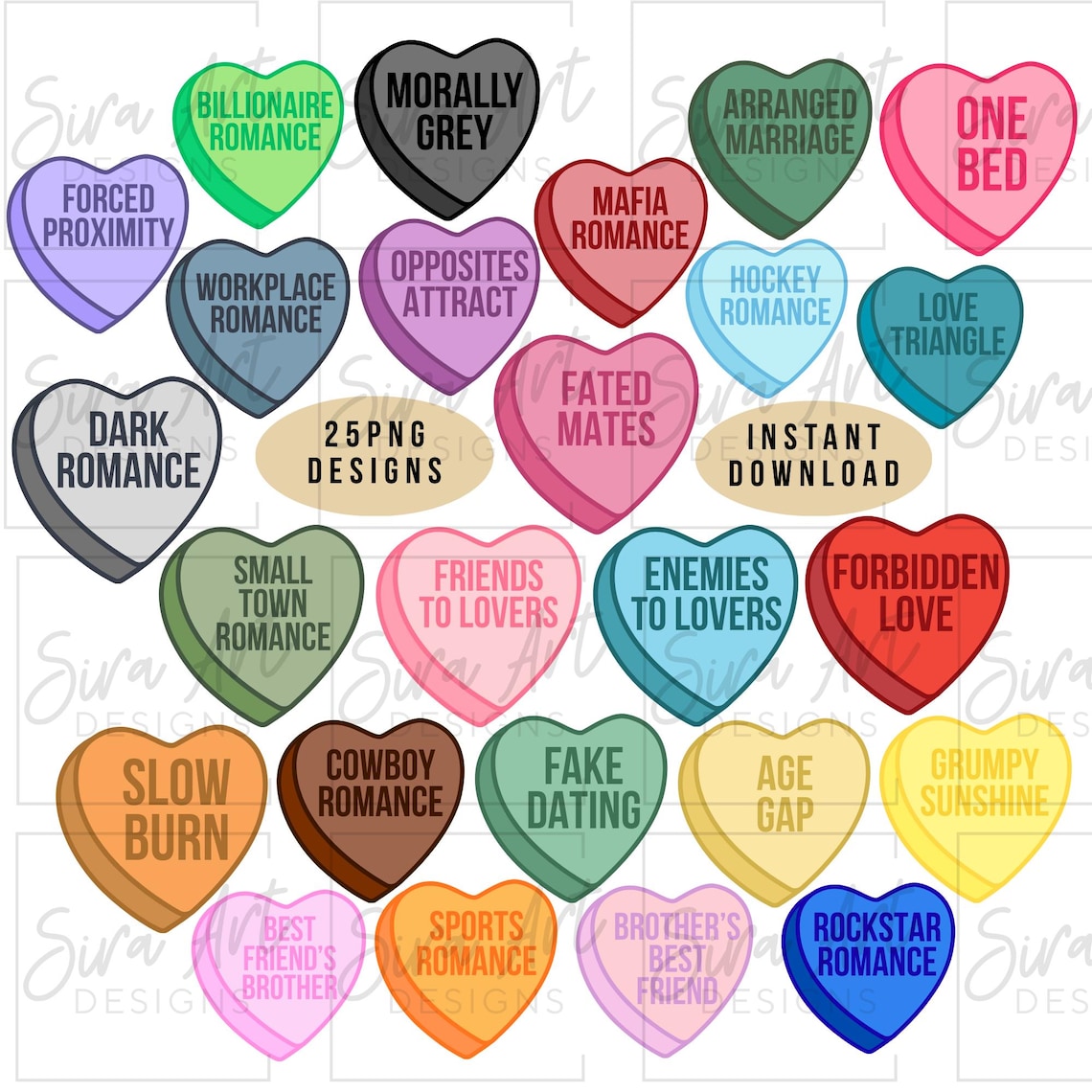 Book Tropes PNG Bundle, Candy Hearts Clipart, Bookish Romance Girlie ...