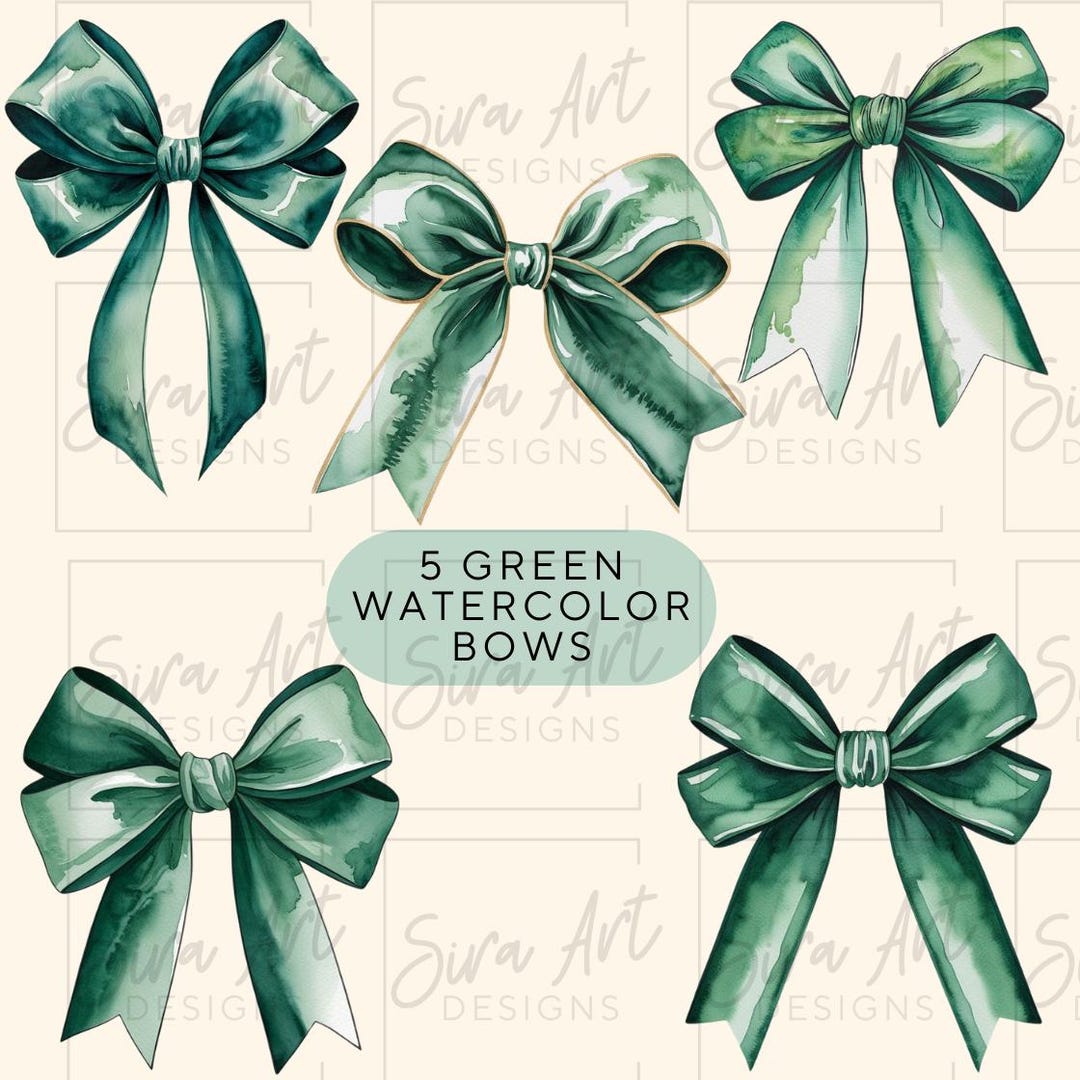 Green Watercolor Bows Png Bundle, Coquette Bow Clipart, Green Bows Set ...