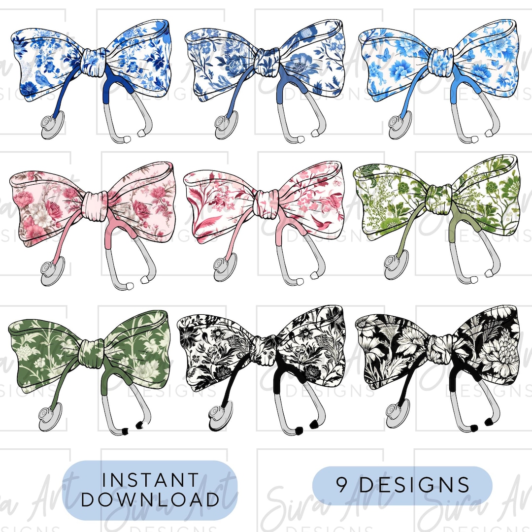 Nurse Stethoscope Bow Clipart, Chinoiserie Coquette Design (PNG Bundle ...