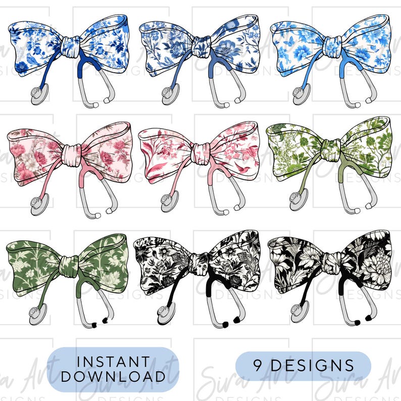 Nurse Stethoscope Bow Clipart, Chinoiserie Coquette Design (PNG Bundle ...